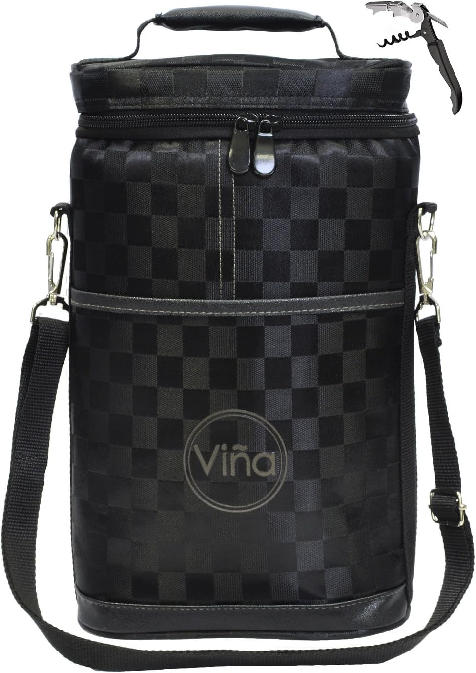 Amazon.com | Vina 2 Bottle Wine Tote Bag, Insulated Black Grid Wine or ...