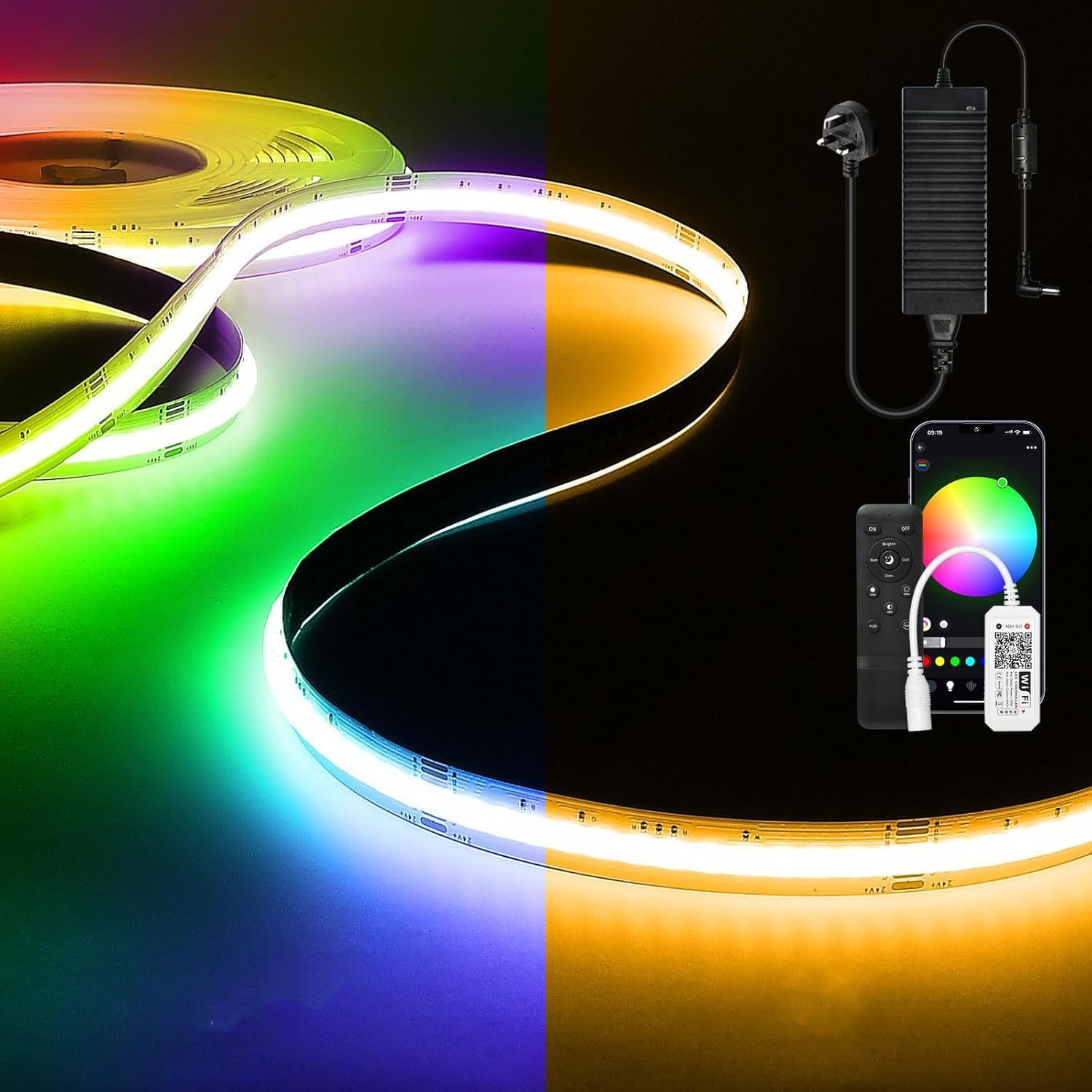 RGBW COB LED Strip Lights 5m,WiFi LED Strip Kit,784 LED/M Super Bright 24V LED Tape Lights APP ...