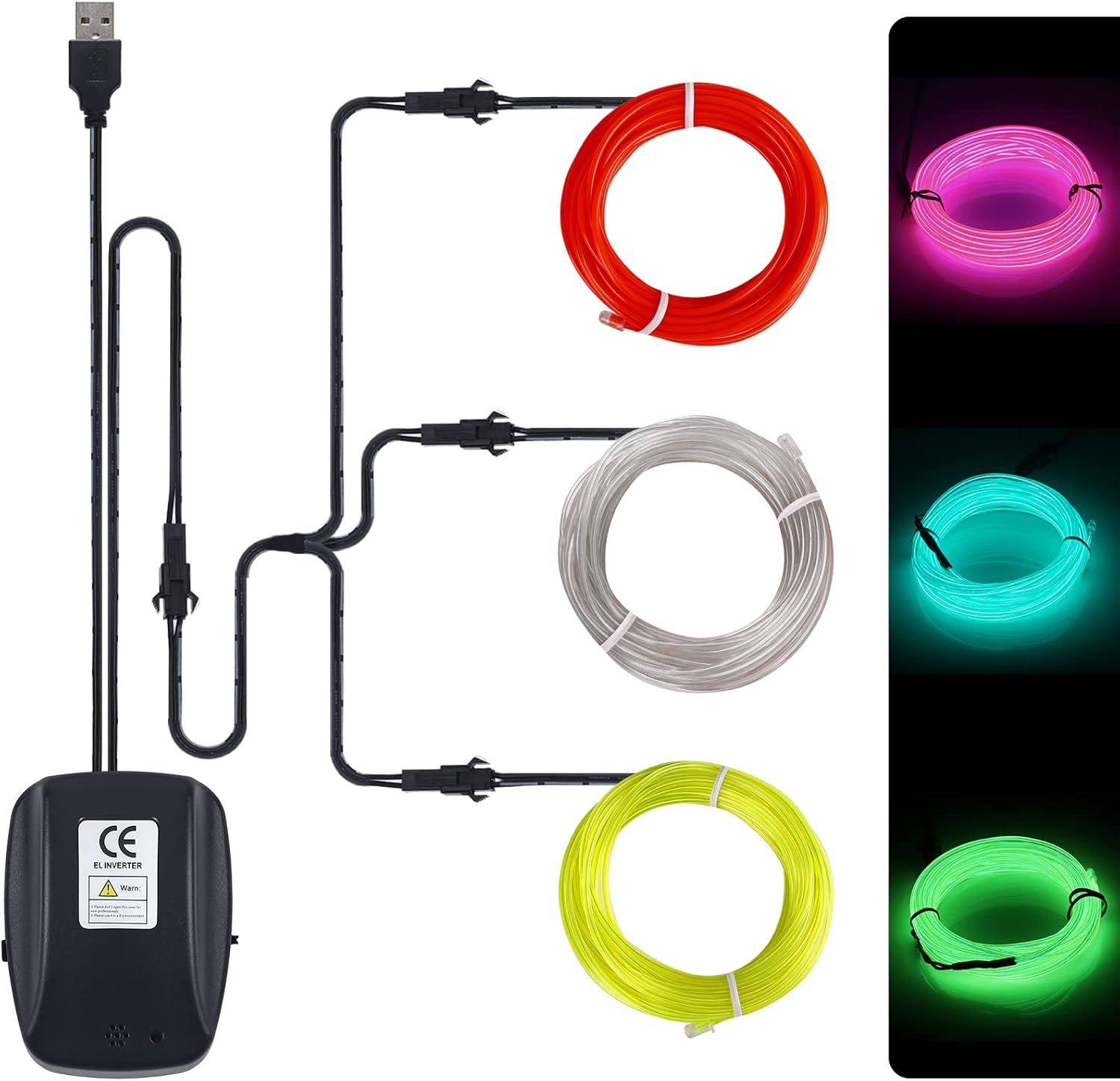 Amazon.com: JIGUOOR USB EL Wire 49.21ft/15m (5mx3) Bright Neon Light ...