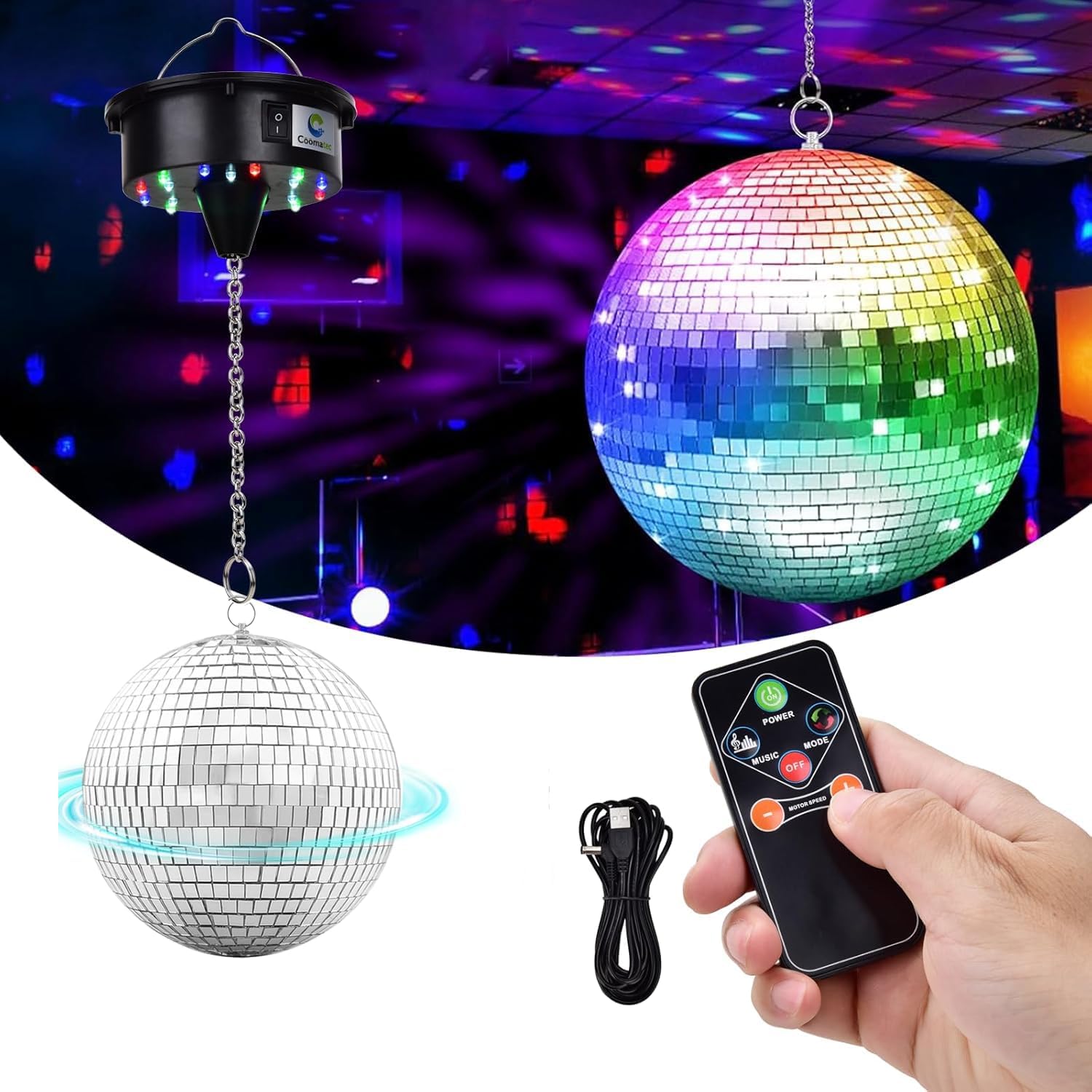 Meagoo Disco Ball with Motor and Light, 8" Hanging Mirror Ball and 6RPM ...
