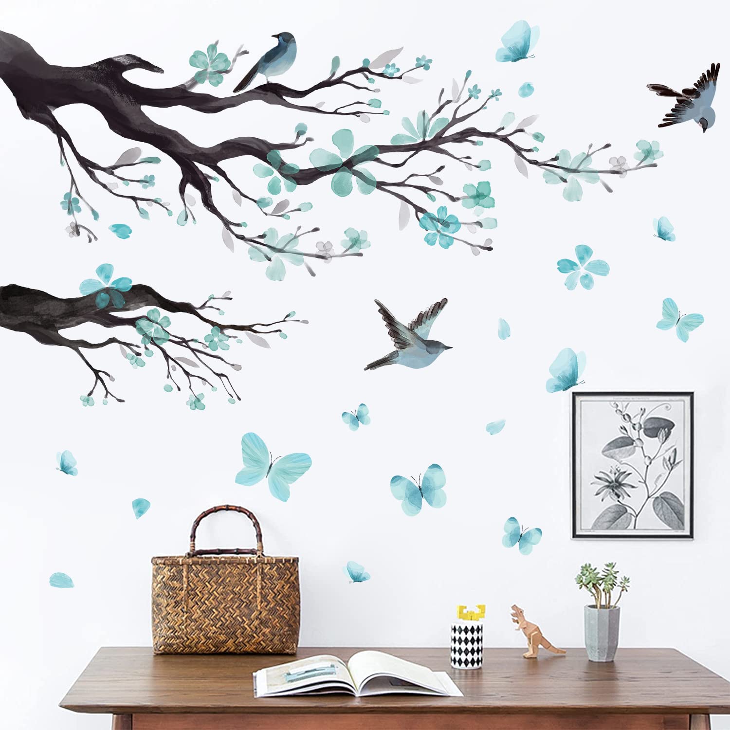 Removable Wall Decals Blue Blossom Amaonm Removable PVC Watercolor Blue ...