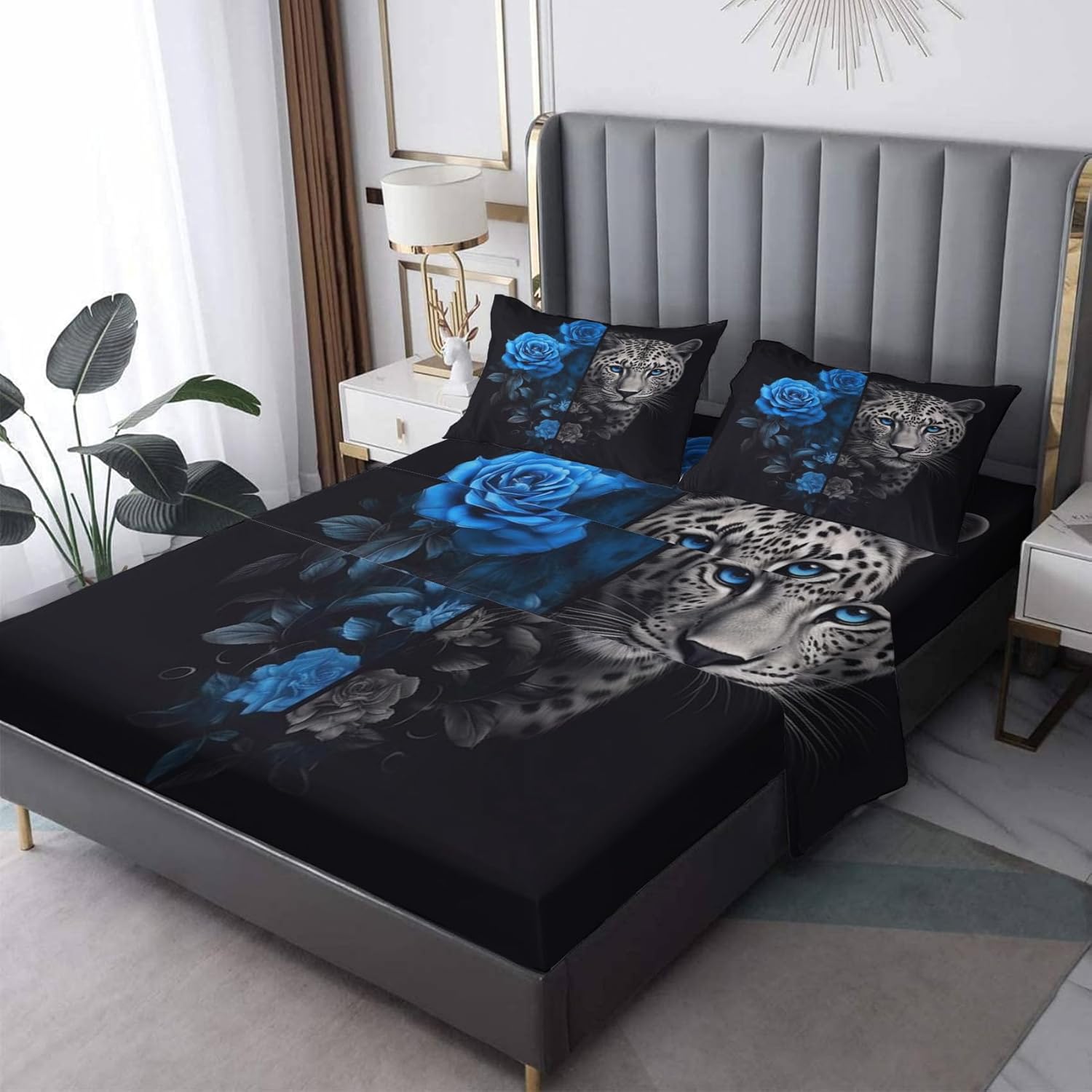 Amazon.com: zcsm Blue Rose and Leopard Sheets King Size - Cheetah Wild ...