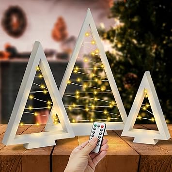 Amazon.com: Set of 3 Tabletop Wood Christmas Tree with Lights, Lighted ...