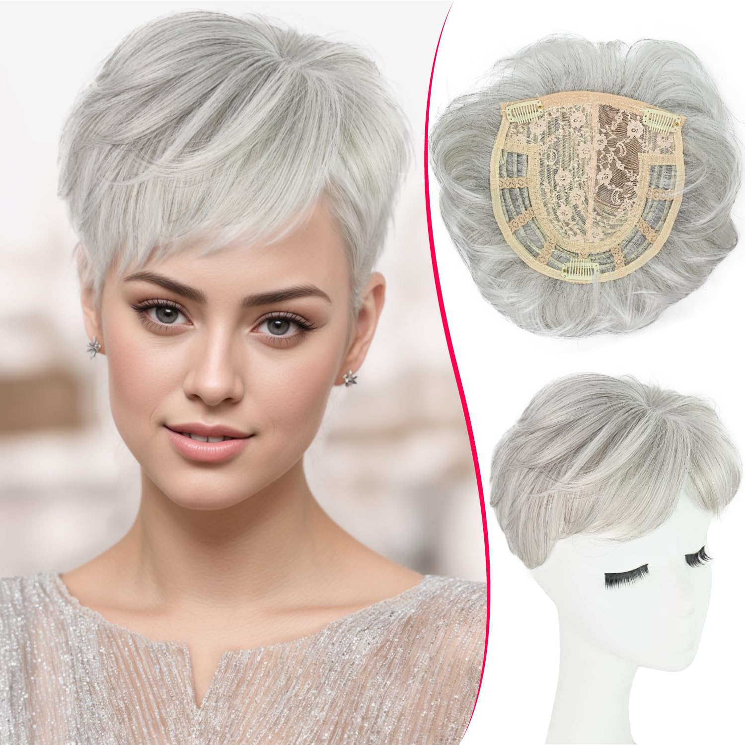 Short Hair Toppers with Bangs Light Gray Pixie Cut Clip in Synthetic ...