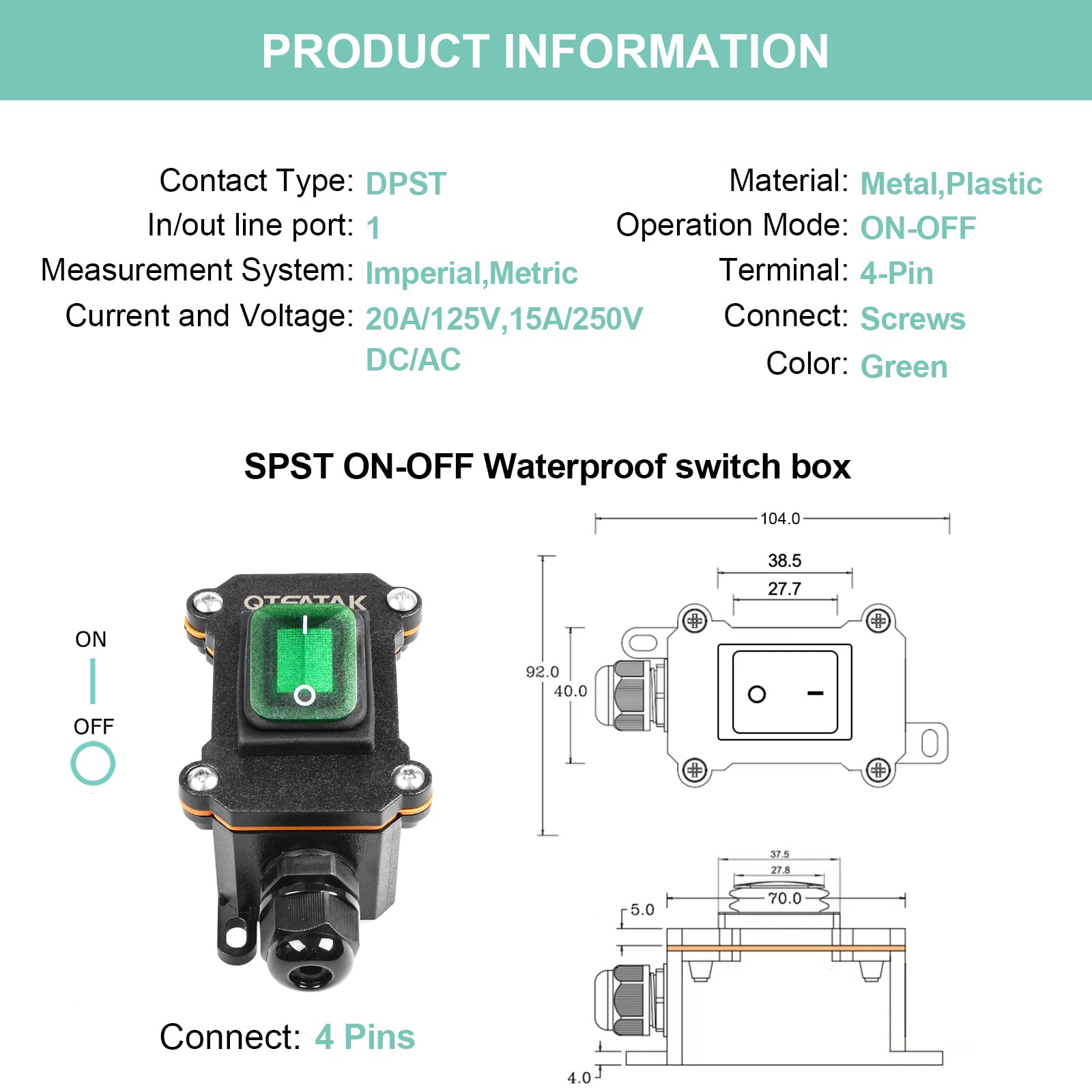 Snapklik.com : QTEATAK Inline Cord Switch DPST 4Pins AC/DC 20A-125V,16A ...