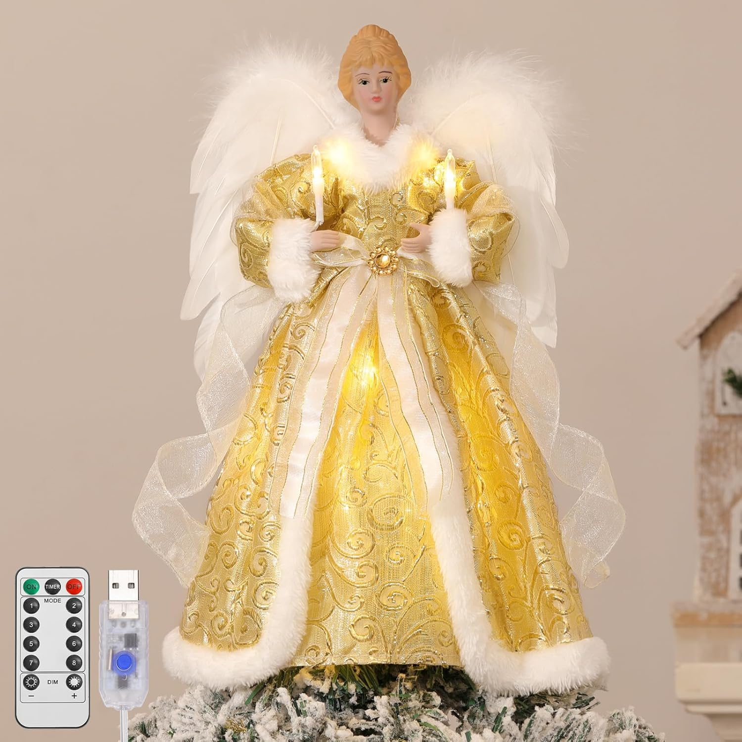 Amazon.com: Lewondr Christmas Tree Topper Angel, 12'' Angel Tree Topper ...