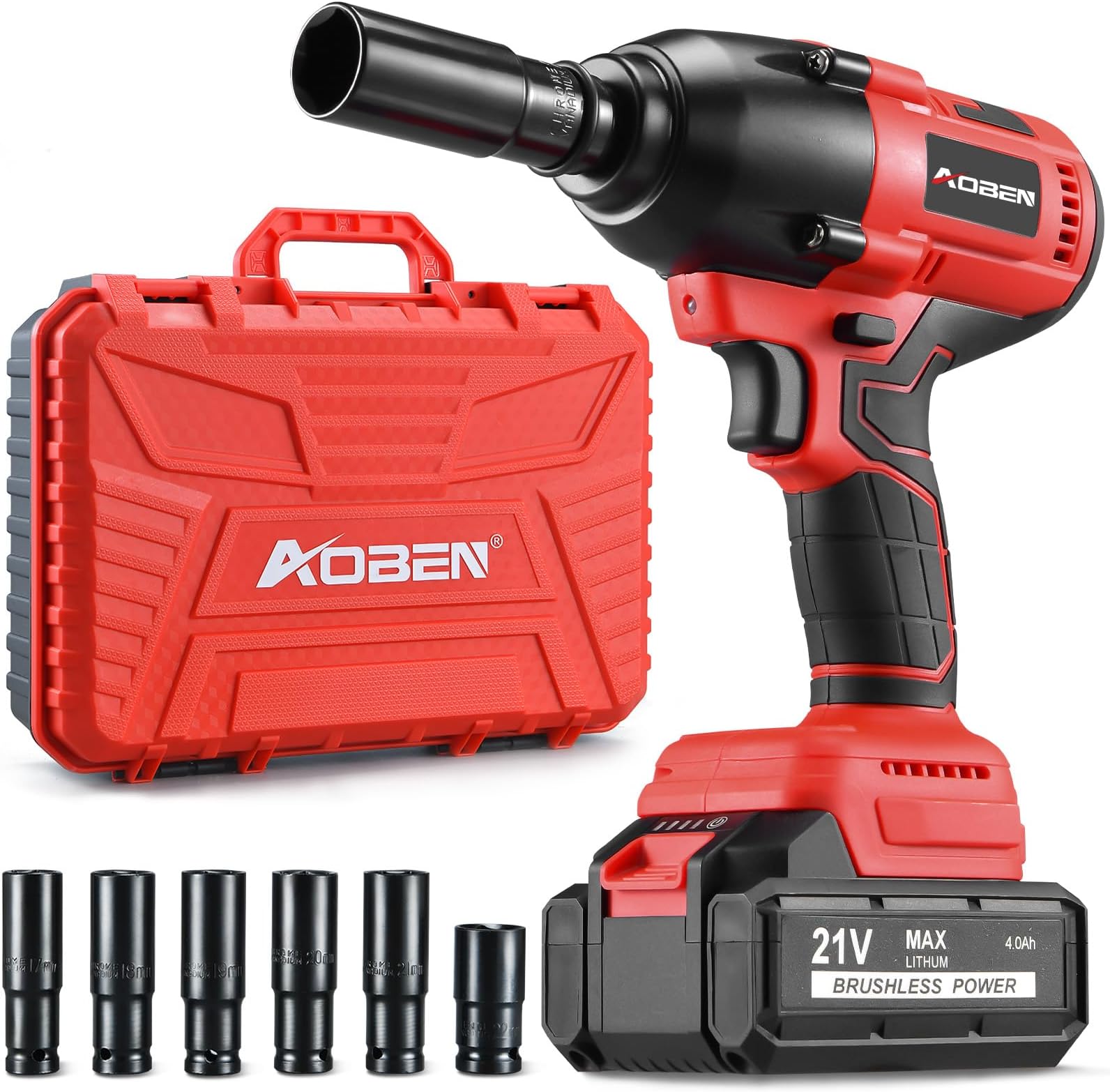 AOBEN 21V Cordless High Torque Impact Wrench & 5 PCS 1/2" Drive Flip ...