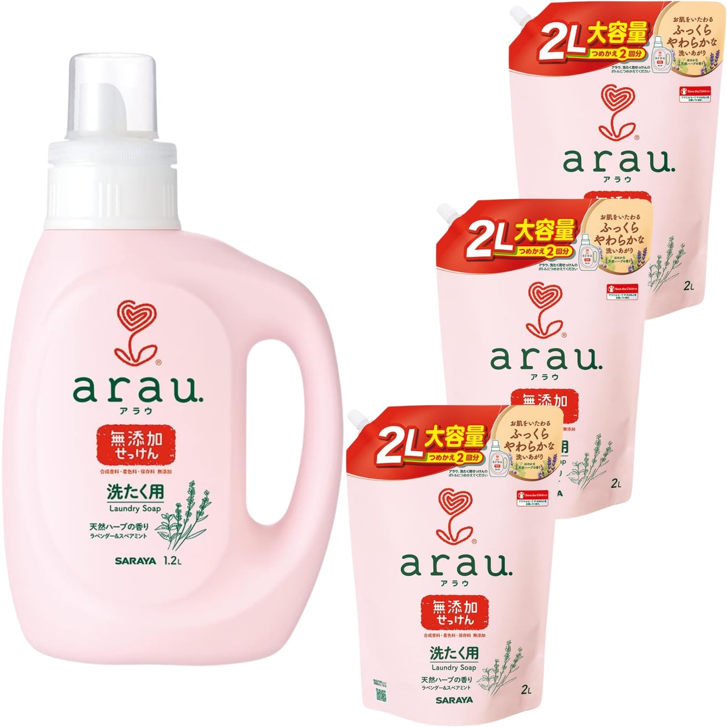 Amazon | アラウ 洗たく用せっけん 洗濯洗剤 天然ハーブの香り 本体 1200ml 1個 + 詰め替え 2000ml +おまけ付き 本体1個＋詰め替え3個セット | TKHY | 液体洗剤