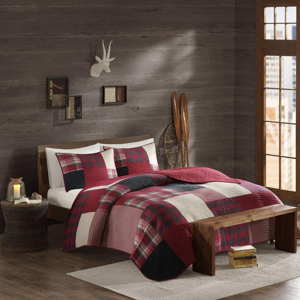 Amazon.com: DH 3 Piece Southwest Cabin Black Cream Red Plaid Quilt Full ...