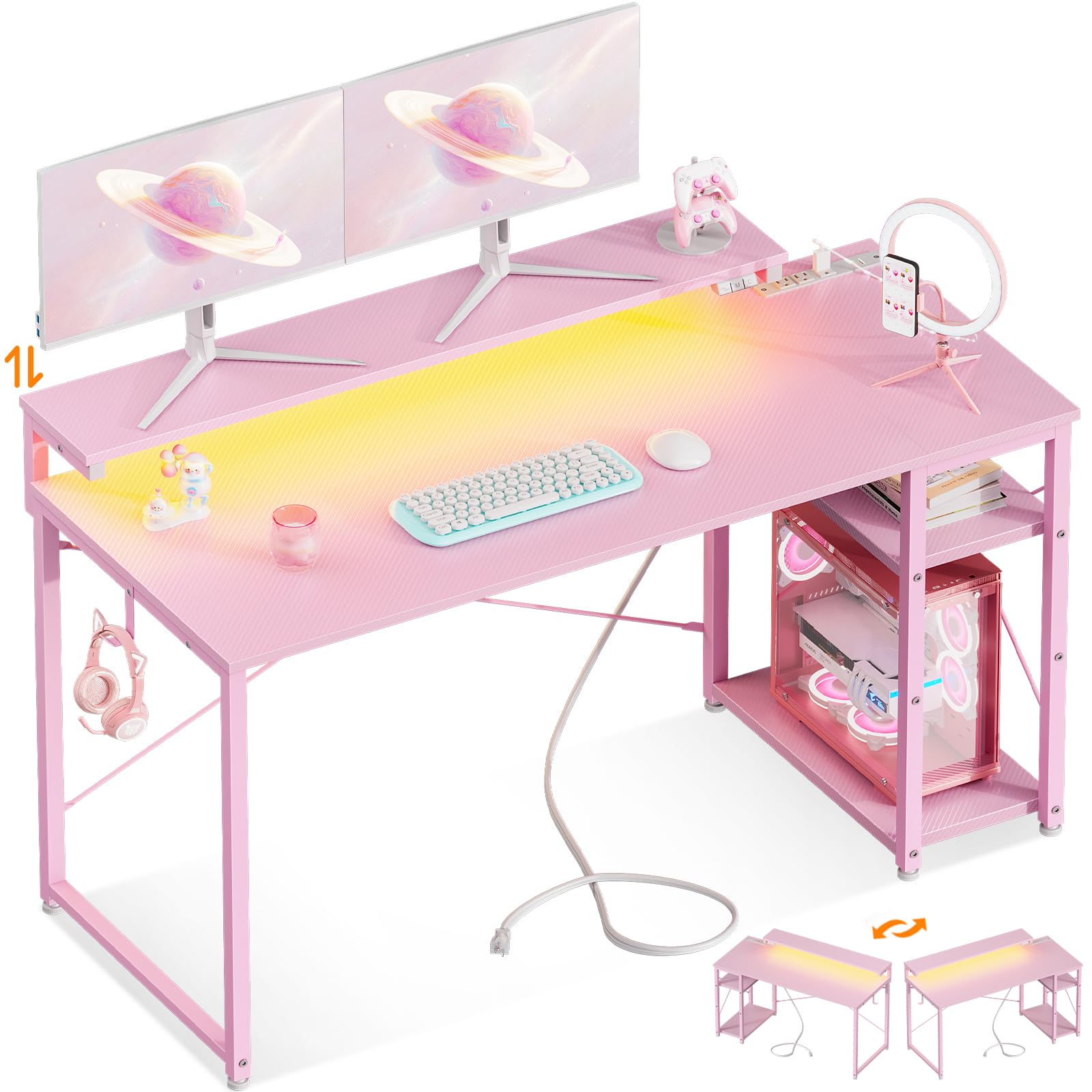 Amazon.com: MOTPK Pink Gaming Desk with Led Lights & Power Outlet, 47 ...
