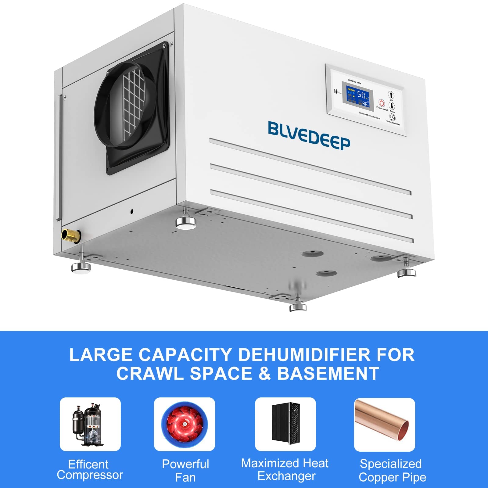 BLUEDEEP Basement/Crawl Space Dehumidifier,145 Pints (Saturation) 70 ...