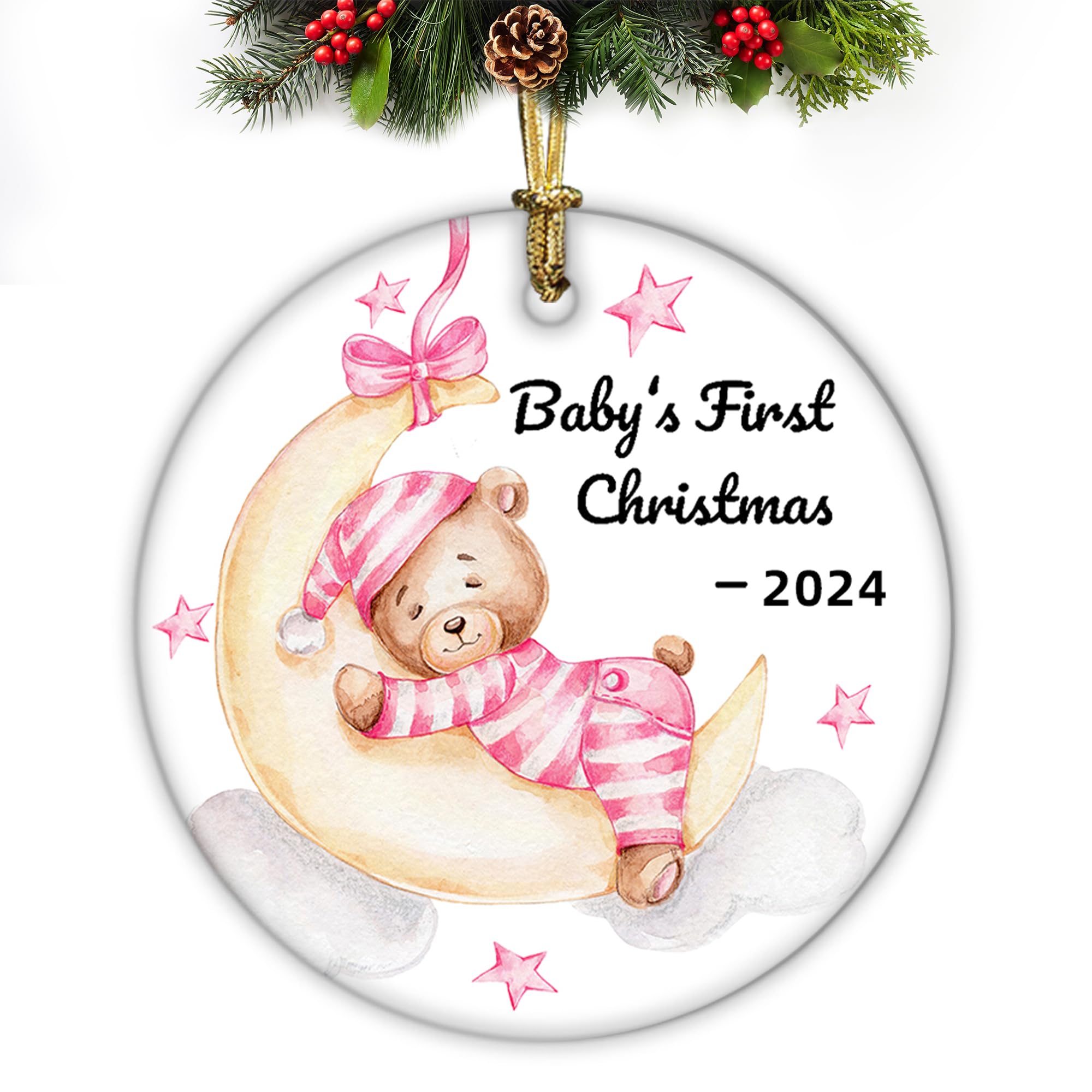 Amazon.com: Baby's first Christmas Ornament 2024,Girl Bear on The Moon ...