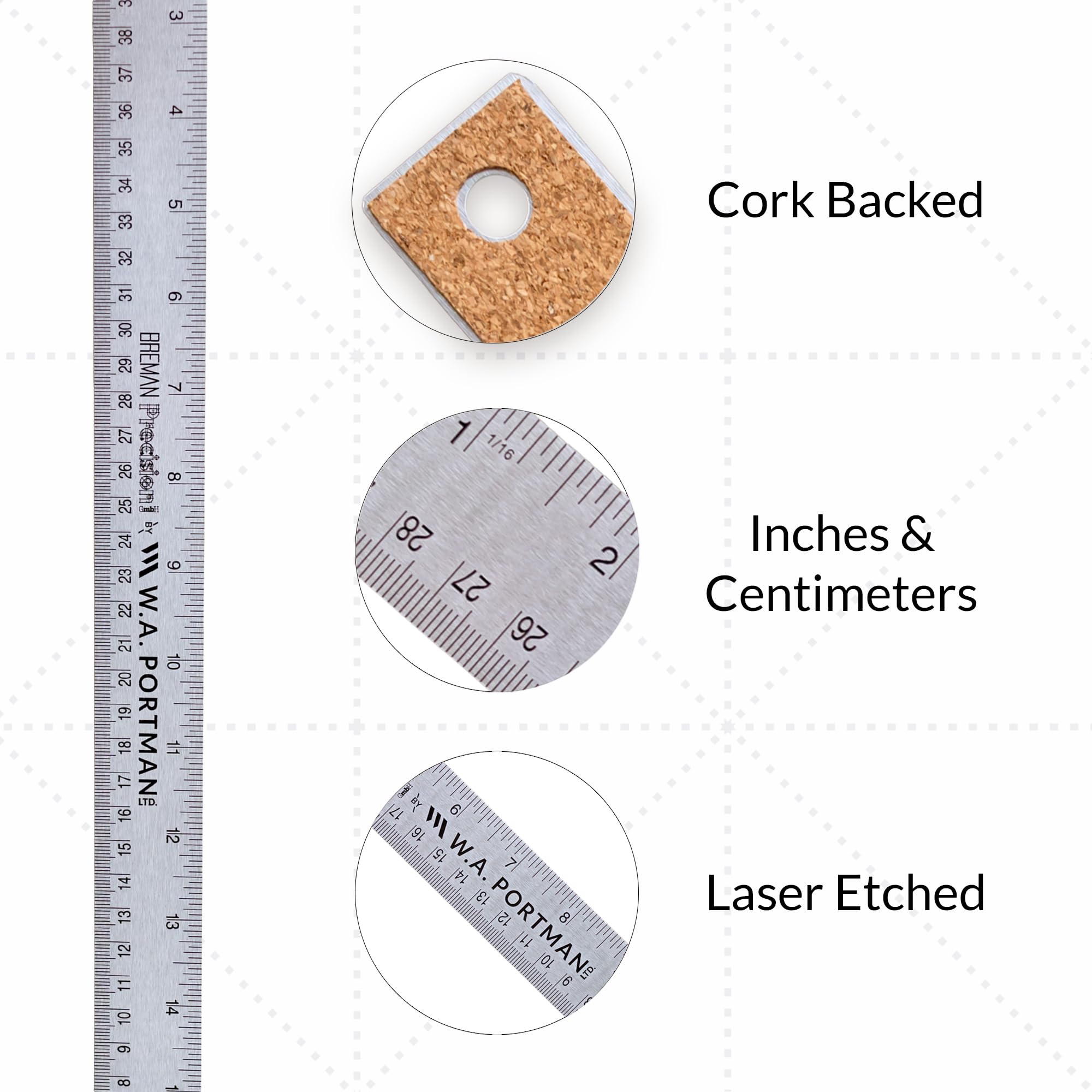 Snapklik.com : Breman Precision Metal Ruler 18 Inch Cork Back Stainless ...