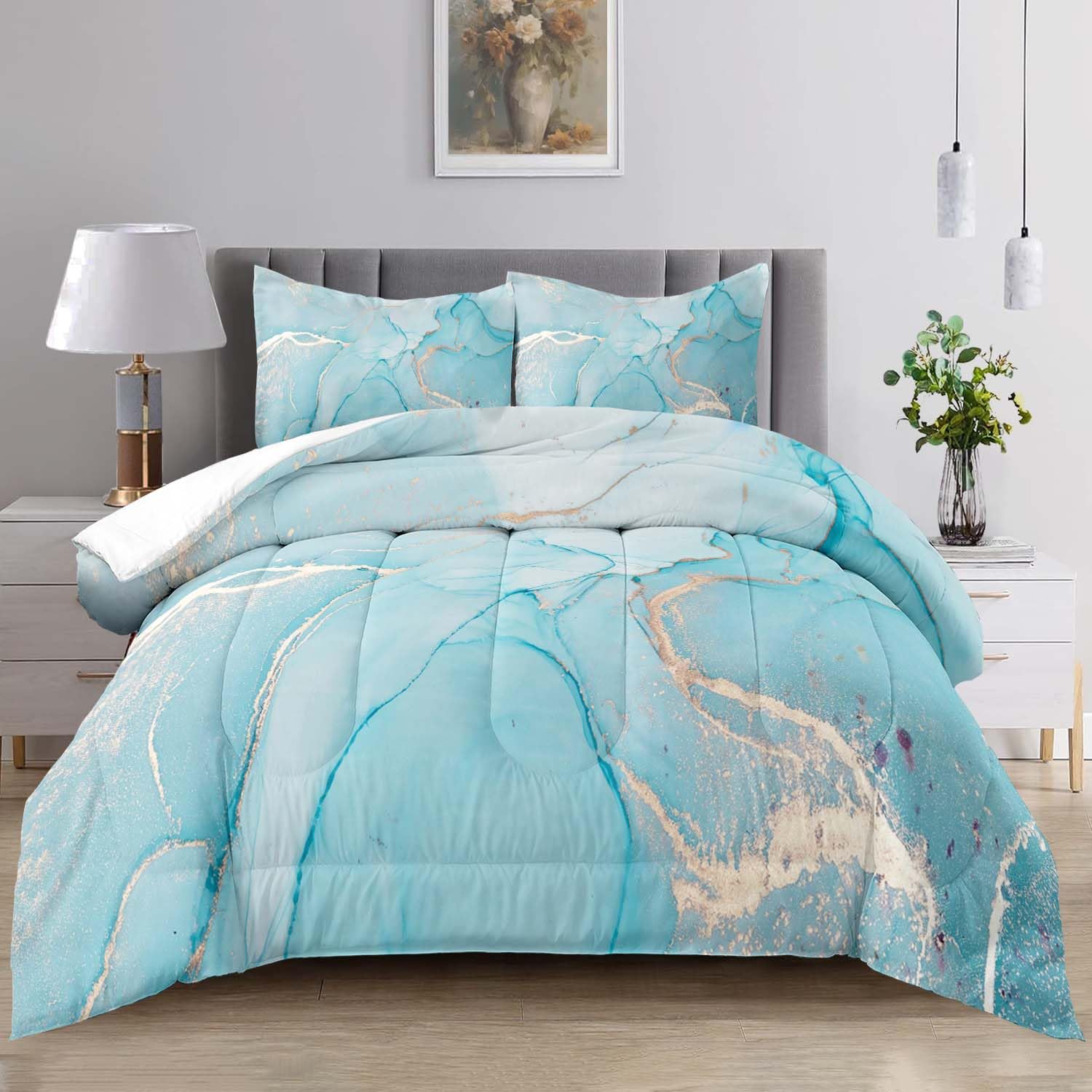 Amazon.com: Raphus cucullatus Marble Comforter Set Full,Blue Bedding ...