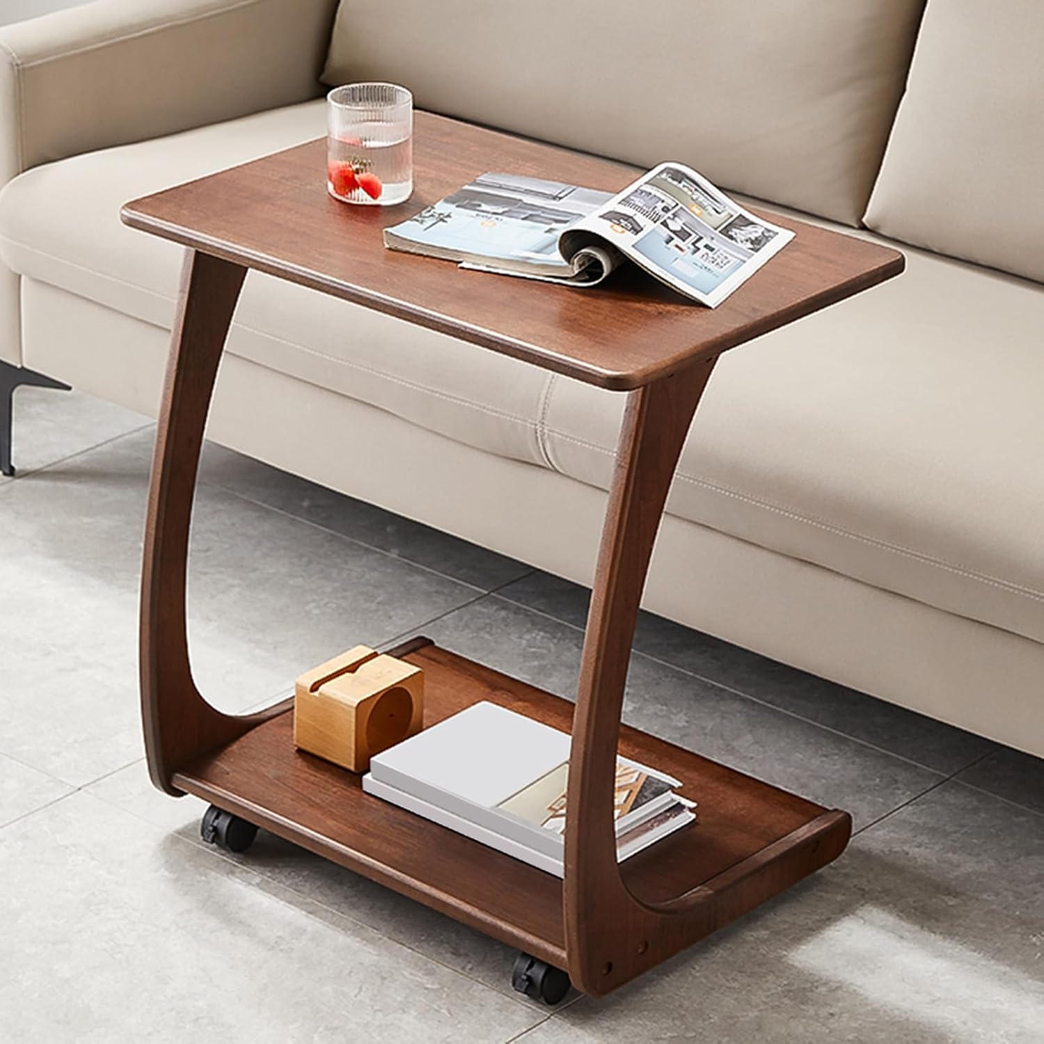 Amazon.com: Solid Wood Side Table with Rolling Wheels, C Shaped End ...