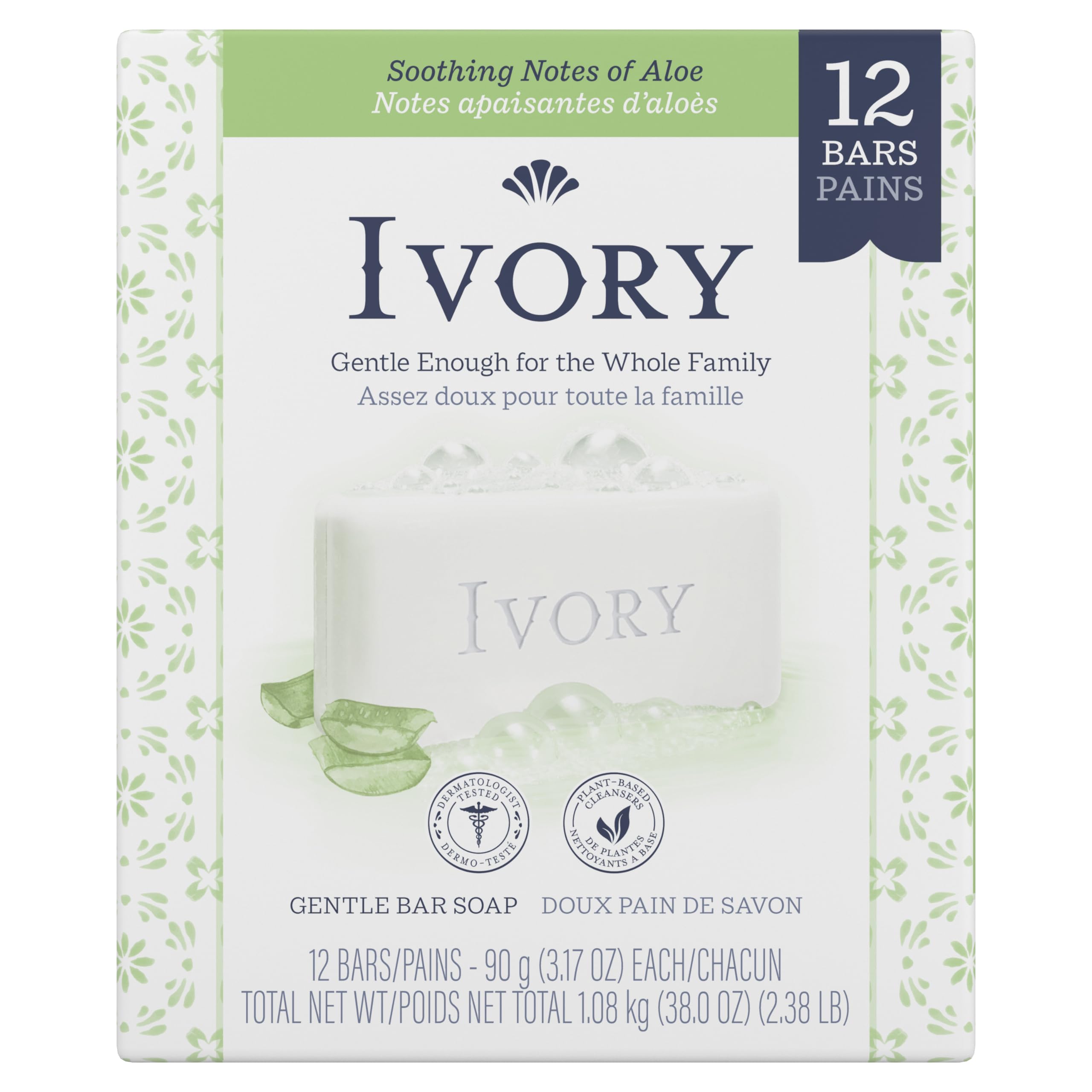 Ivory Bar Soap Notes of Aloe, 1.08 kG (12 Count of 90 g Each) : Amazon ...