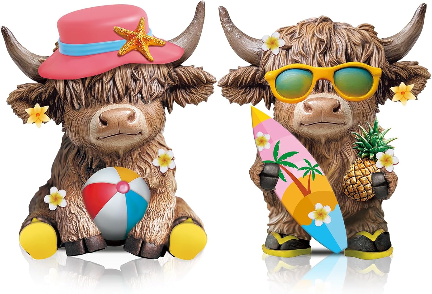 Amazon.com: Karenhi 2 Pcs Highland Cow Figurines Summer Beach Seaside ...