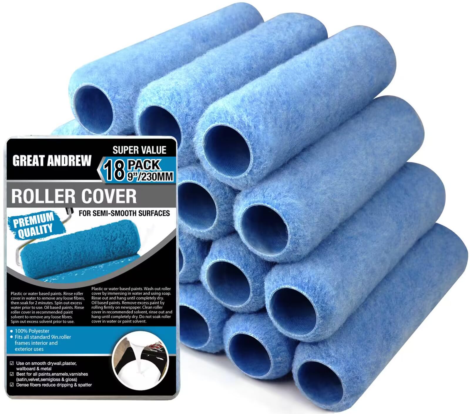 Amazon.com: Great Andrew 18 Pack Paint Roller Covers 9 Inch 3/8 Nap ...