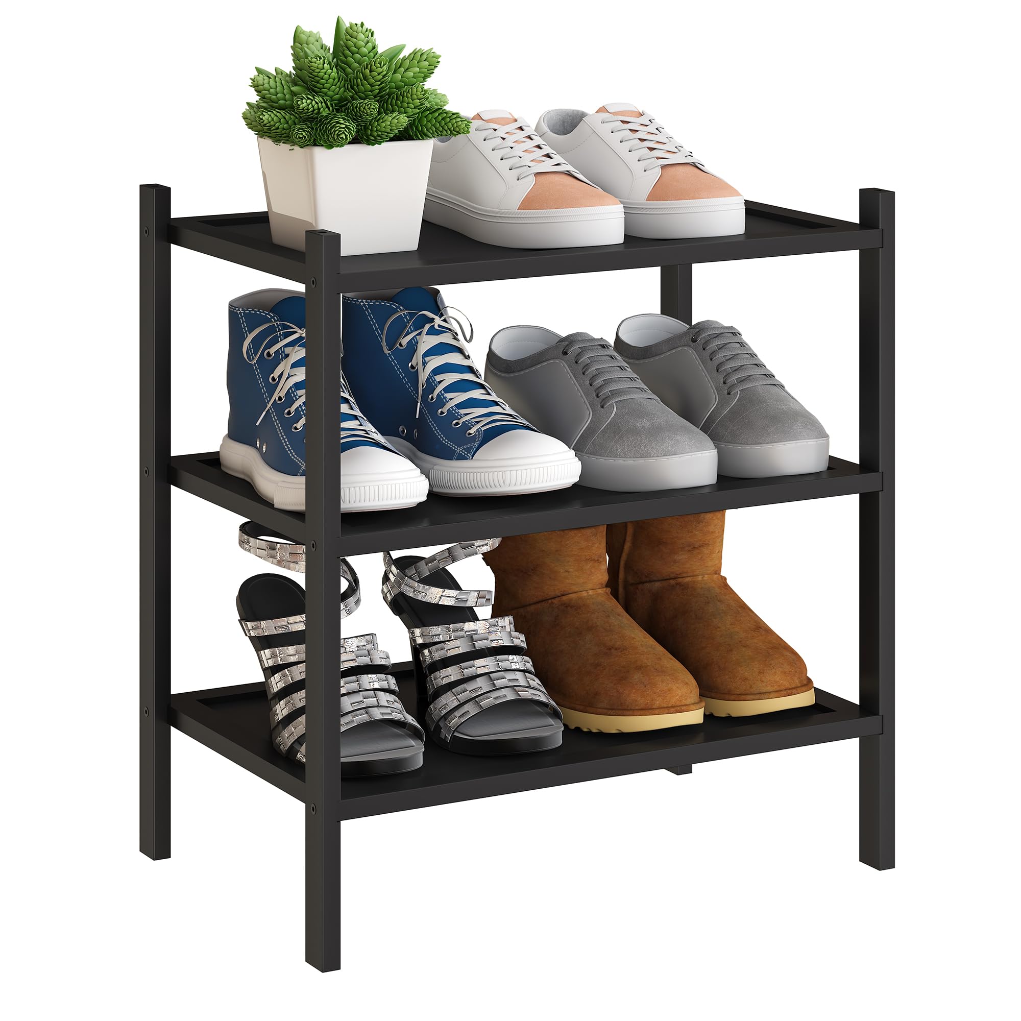 Amazon.com: BMOSU 3-Tier Bamboo Small Shoe Rack Premium Stackable Shoe ...