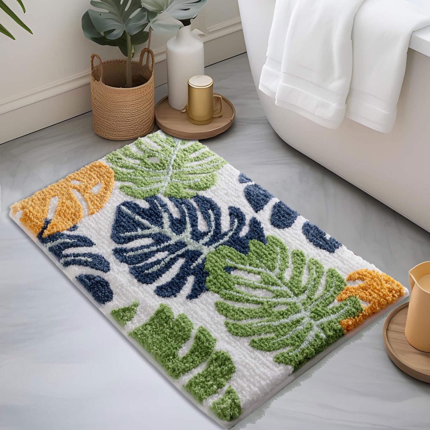 Bath Mats Green Leaves Bathroom Rug, Monstera Leaf Bathroom Mat Cute ...
