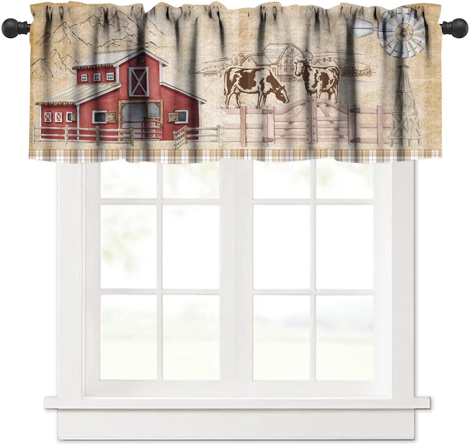 Amazon.com: Rustic Farm Kitchen Curtain Valance Vintage Red Barn Cow ...