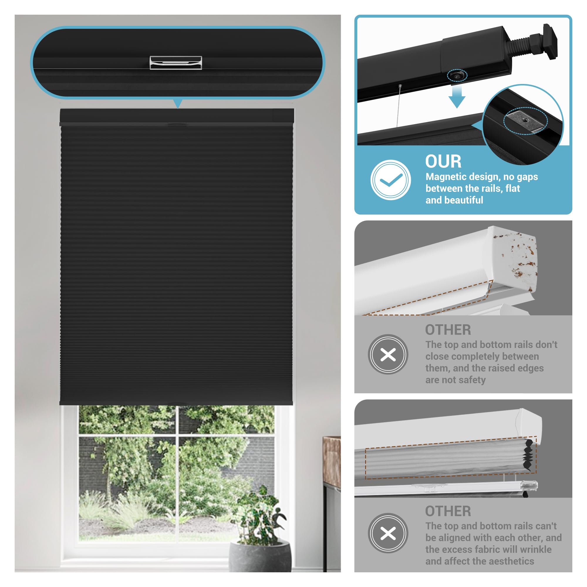 Boolegon No Drill No Tools Cellular Shades Top Down Bottom Up Honeycomb Blinds Blackout Cordless ...