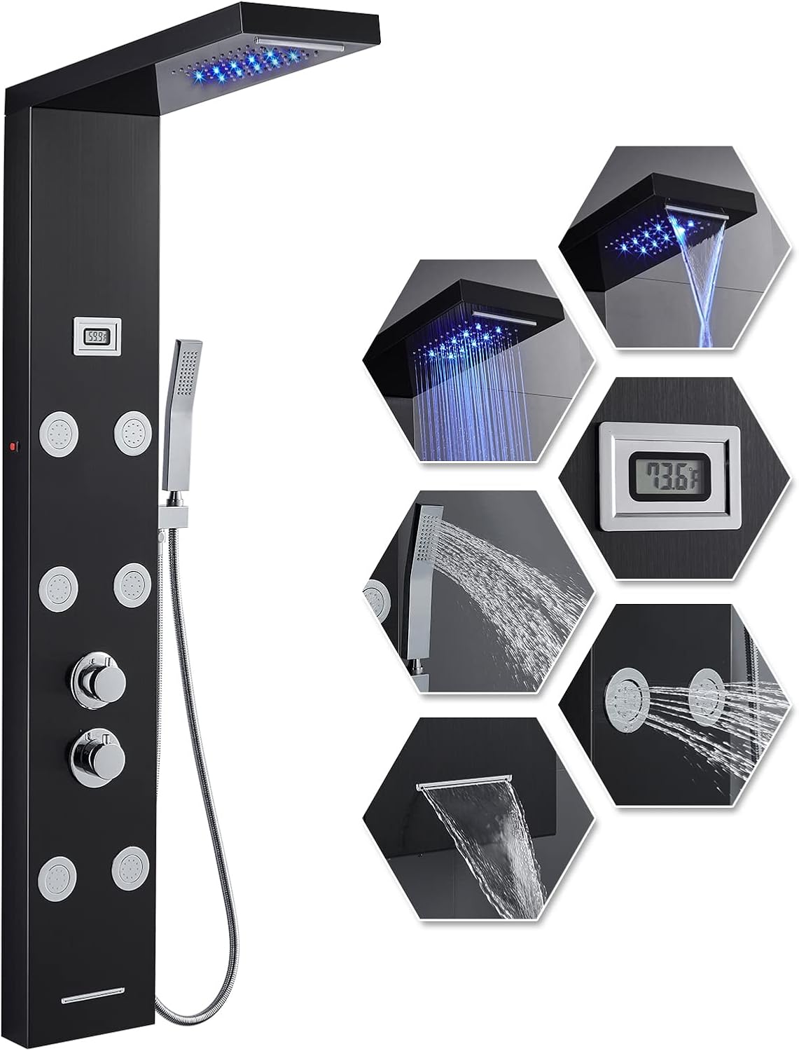 POPFLY 6 Function Shower Panel Tower System, LED Waterfall Rain Shower ...