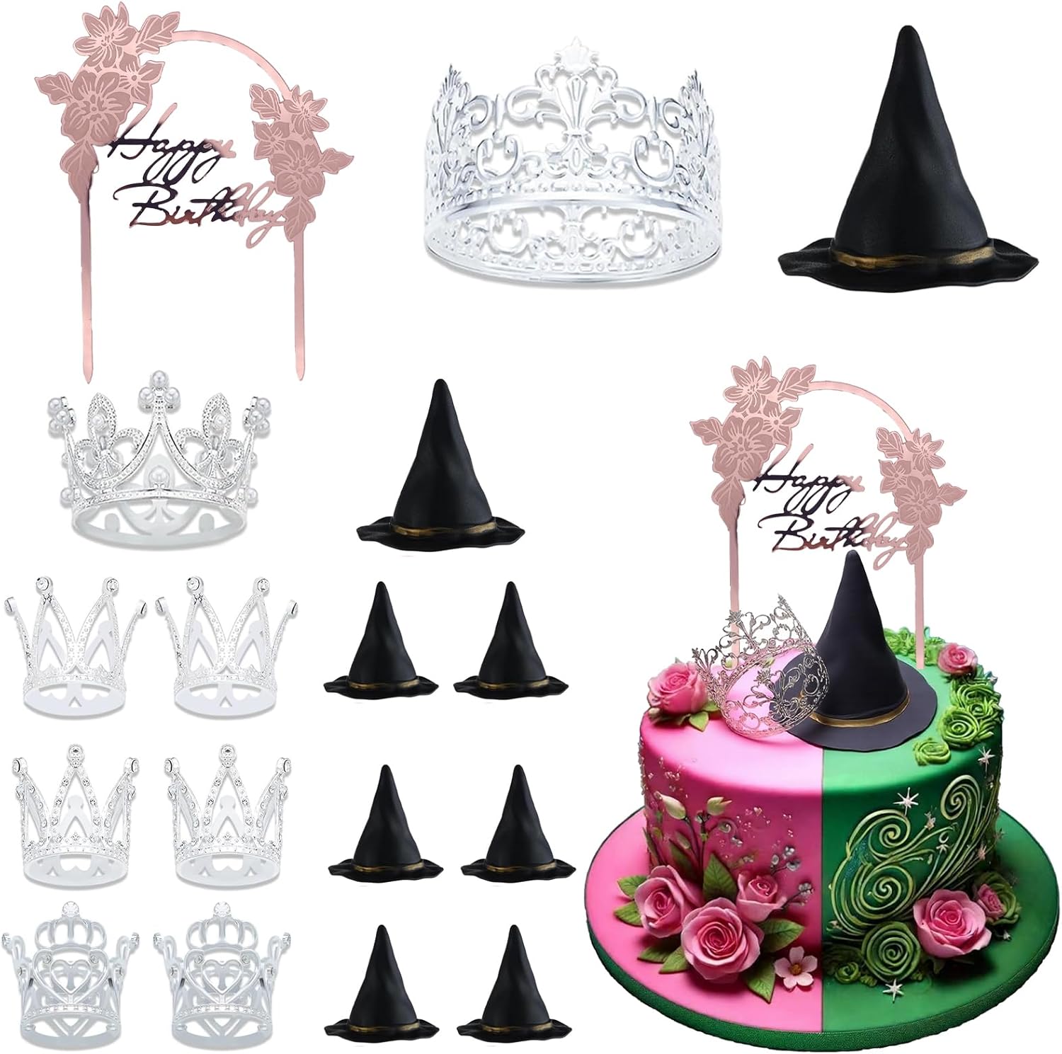 Amazon.com: BiBo Witch Hat and Crown Cake Topper, 17 PCS Witch and ...