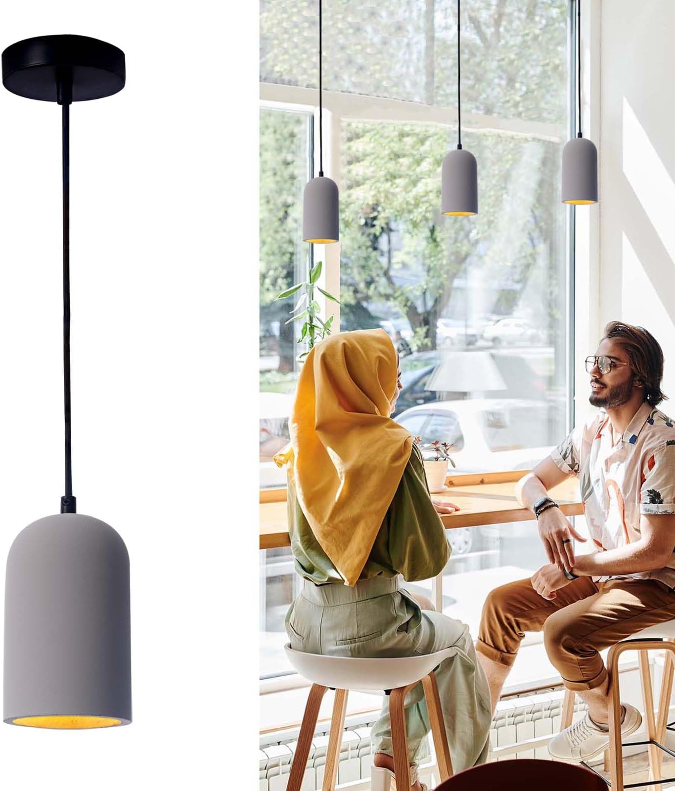 Concrete Pendant Light with Wooden, Triac Dimming E26 Hanging Light for ...