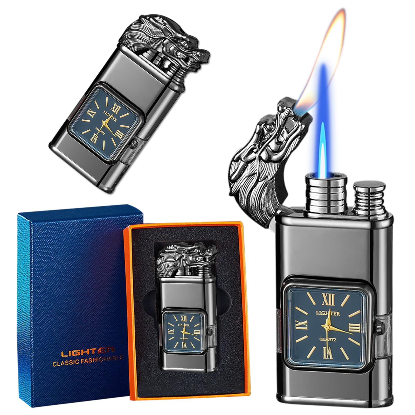 Lighter, Dragon Torch Lighter with Stylish Quartz Dial, Adjustable ...