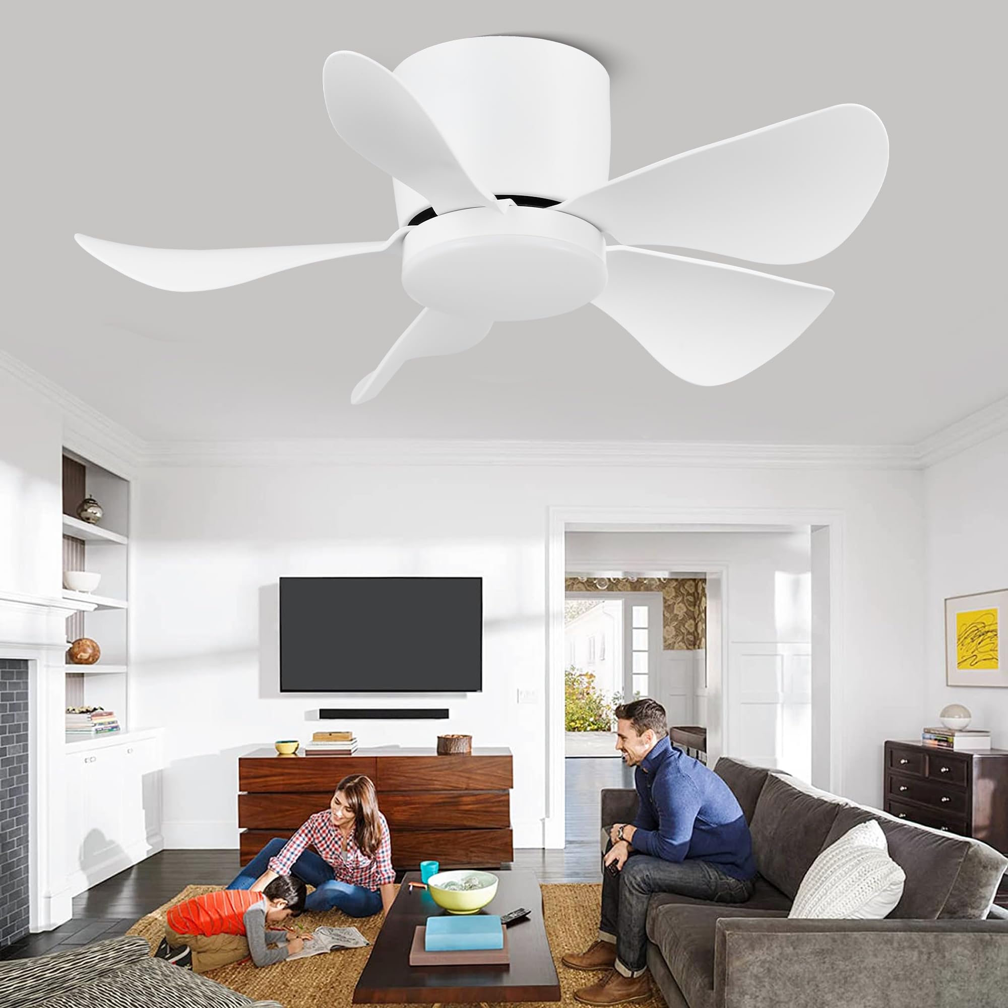 YJFAN 30 Inch Ceiling Fan with Light,Flush Mount Ceiling Fan with ...