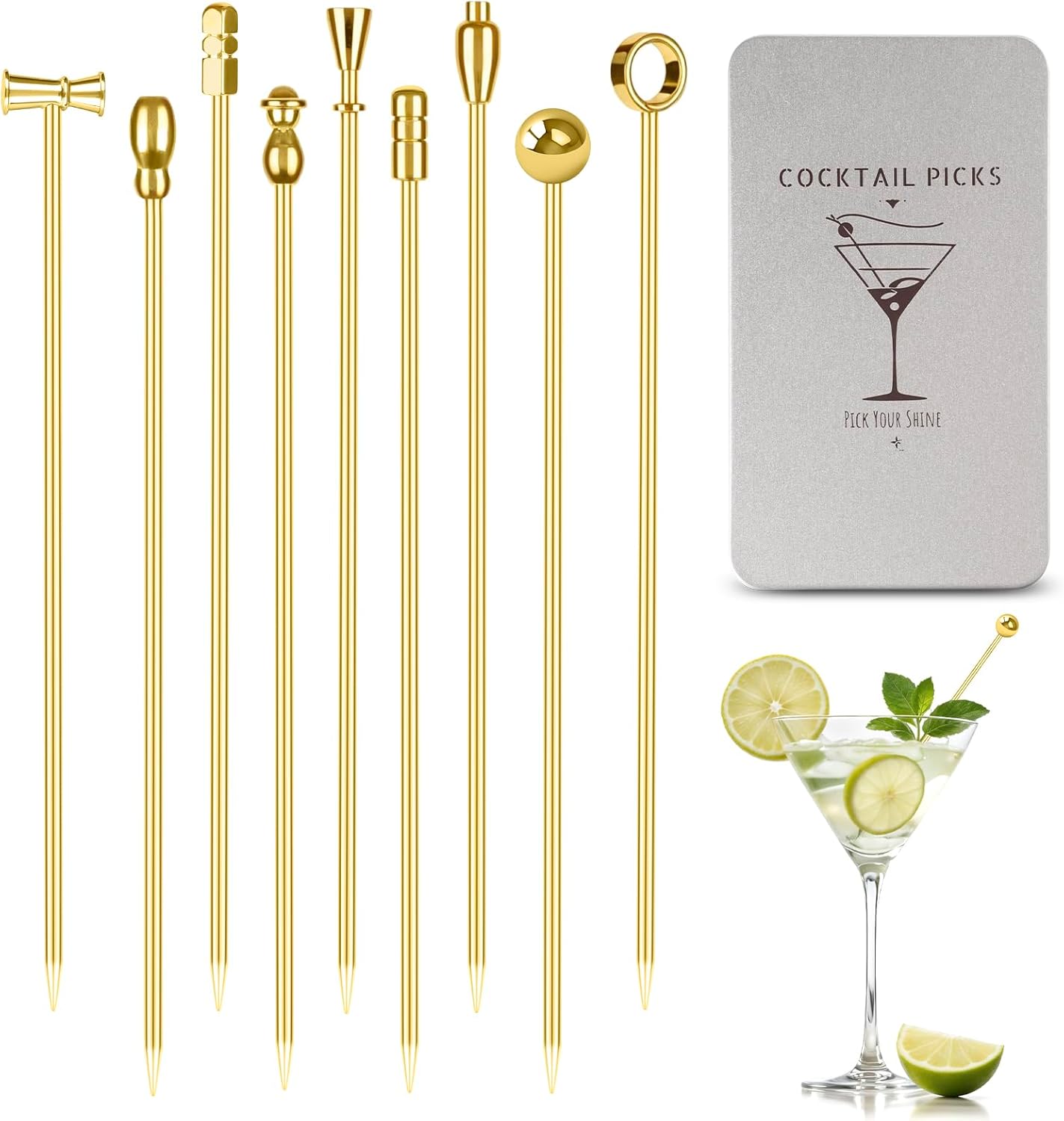 Amazon.com | Metal Cocktail Martini Picks Gold, 4.1 in Olive Skewers ...
