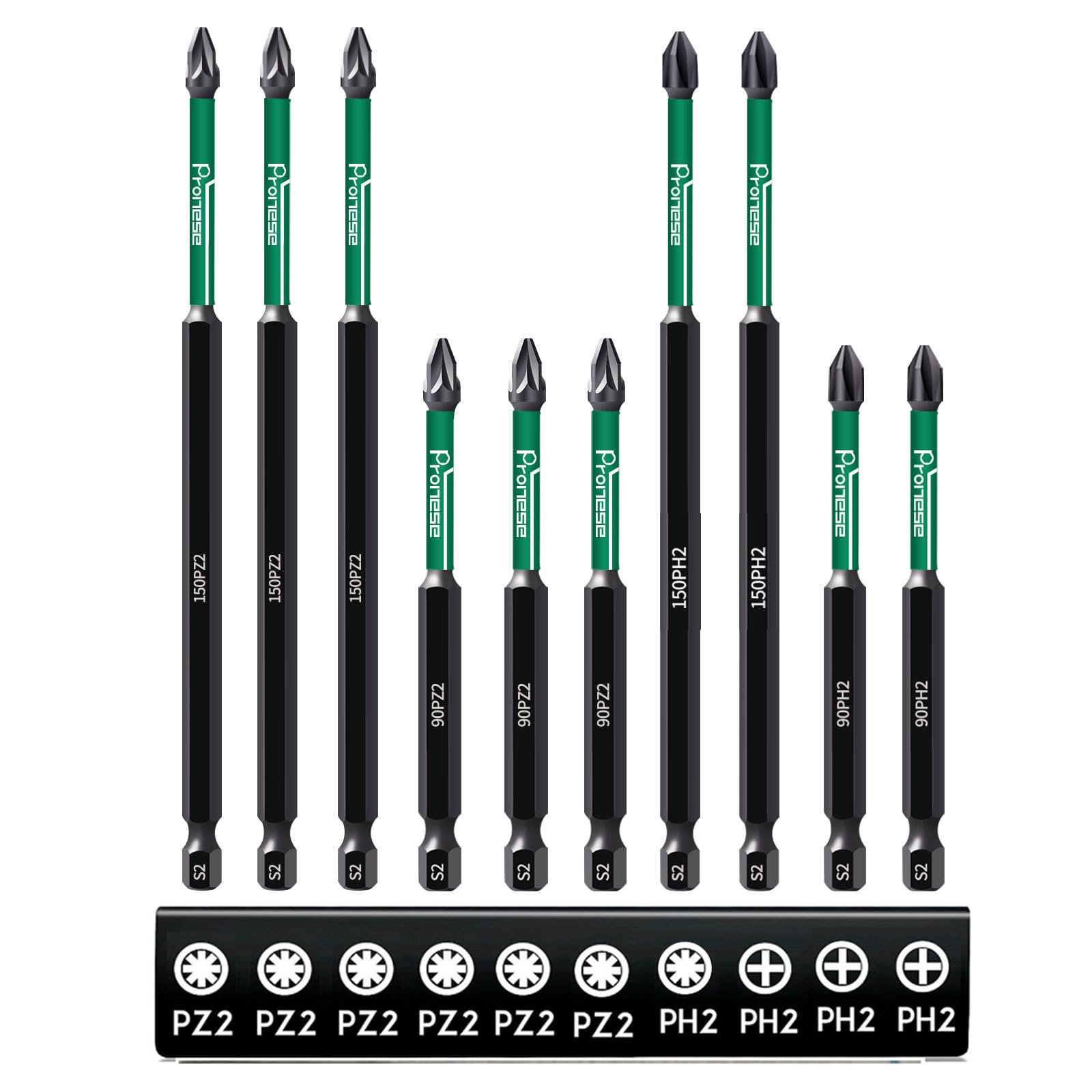 Pronese 10 pcs 150 mm and 90 mm PZ2 & PH2 Magnetic Impact Driver Bits ...