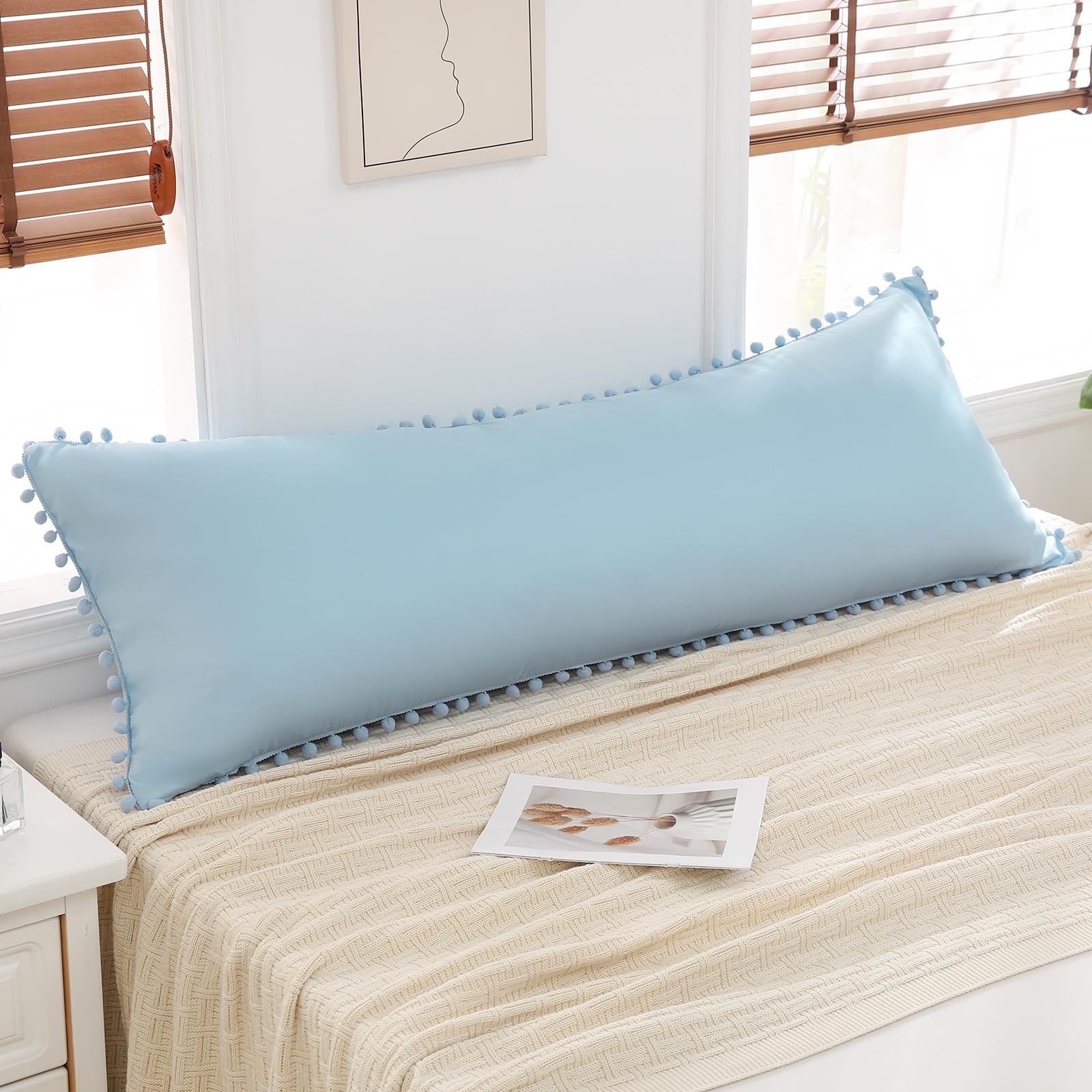 Amazon.com: Sky Blue Body Pillow Cover 20x54 inches Boho Chic Pom Poms ...