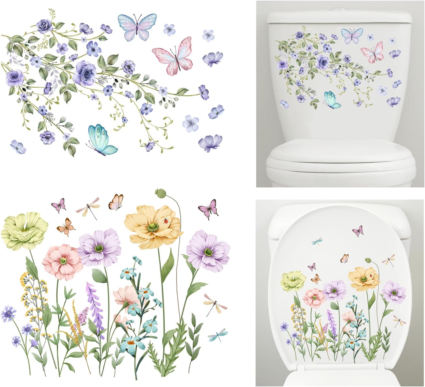 Birds Flowers Butterfly Toilet Seat Lid Stickers Self-Adhesive Bathroom ...