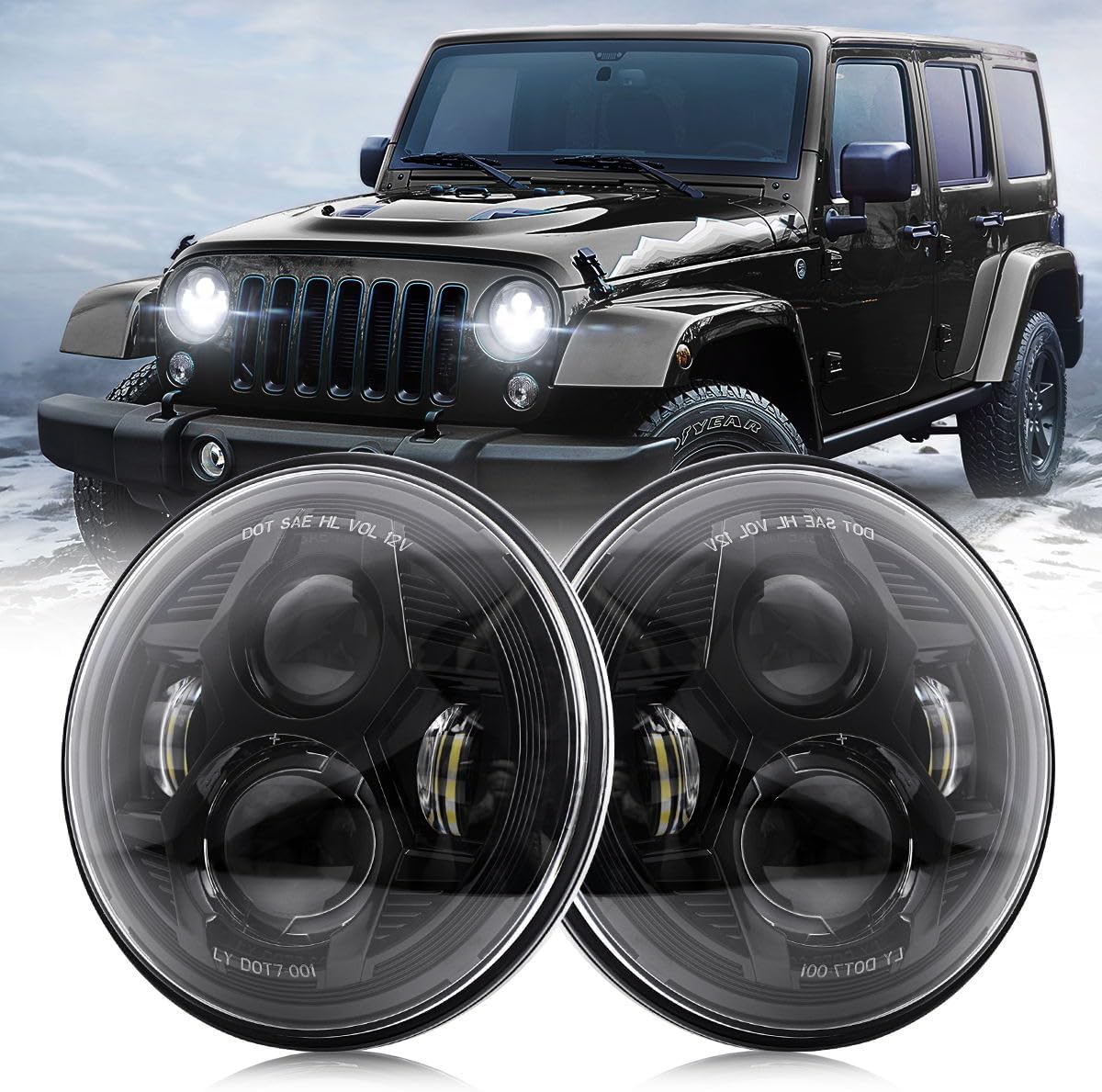 (2PCS) DOT Approved 7 Inch Round LED Headlight High Low Beam Compatible ...