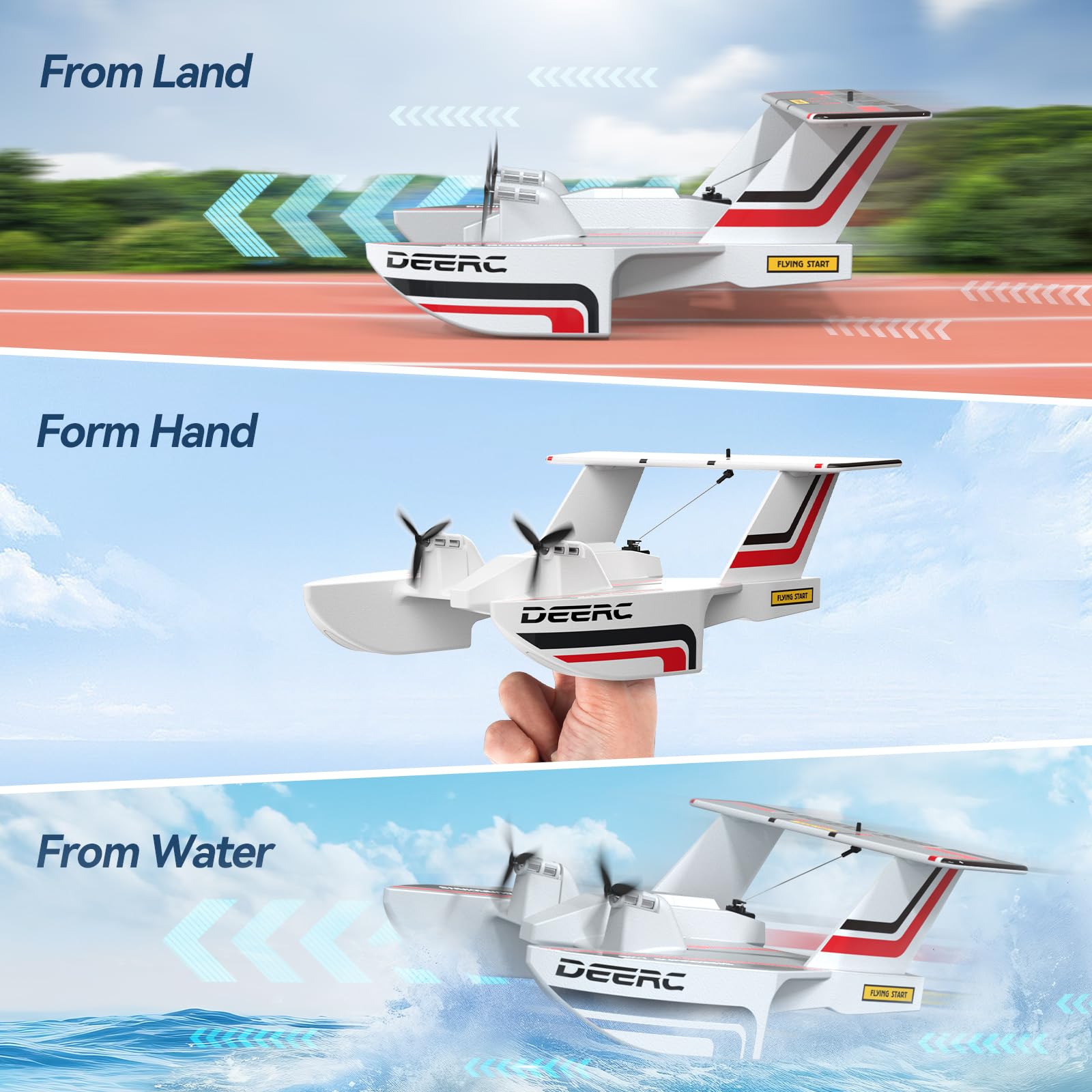 DEERC RC Plane for Water Land & Air, Amphibious Tri-Phibian Aircraft ...