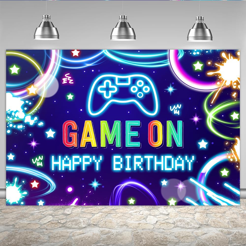 Amazon.com : Lofaris 6x4ft Game On Background Boys Neon Happy Birthday ...