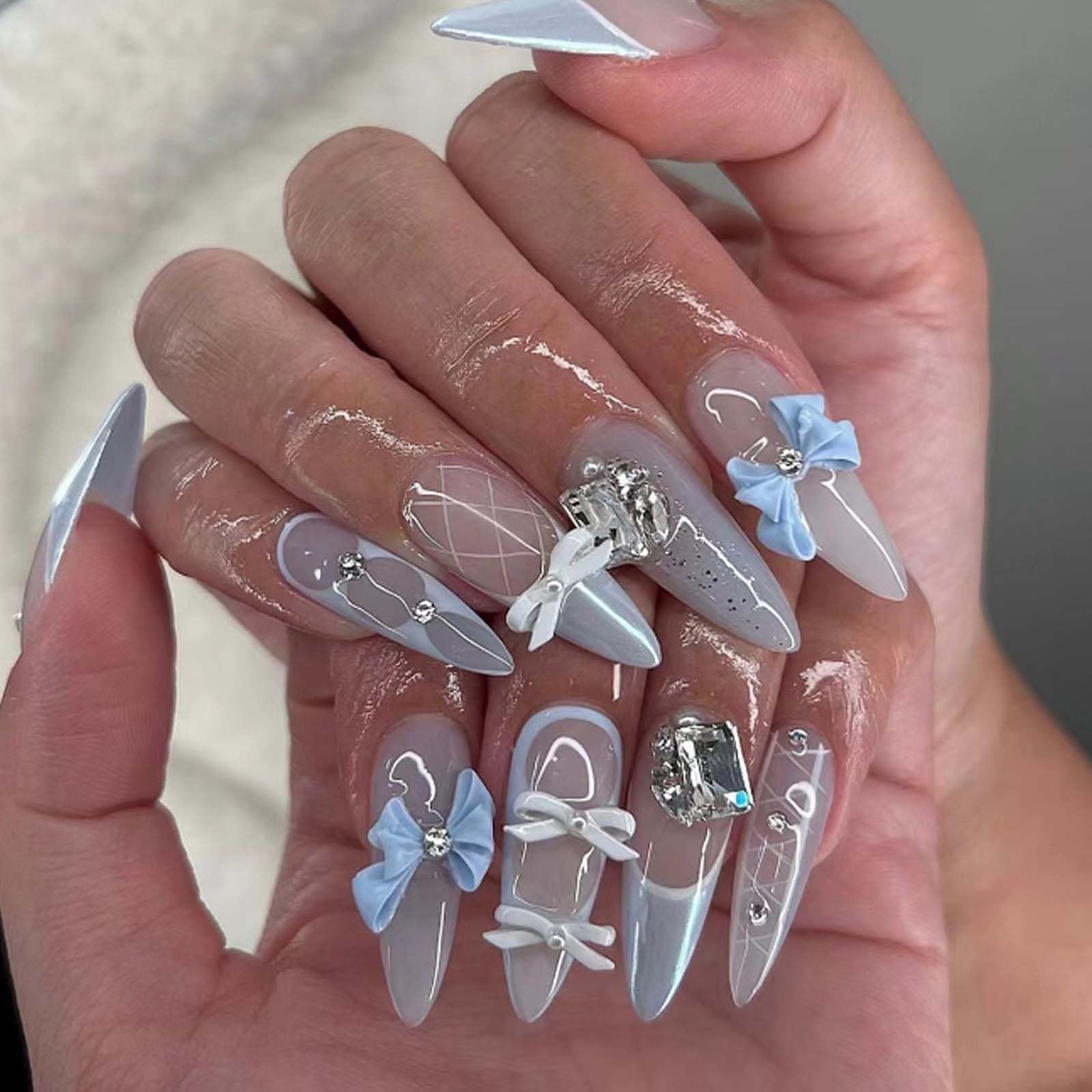 Amazon.com: Hkanlre Bling Long Press on Nails Light Blue Fake Nails ...