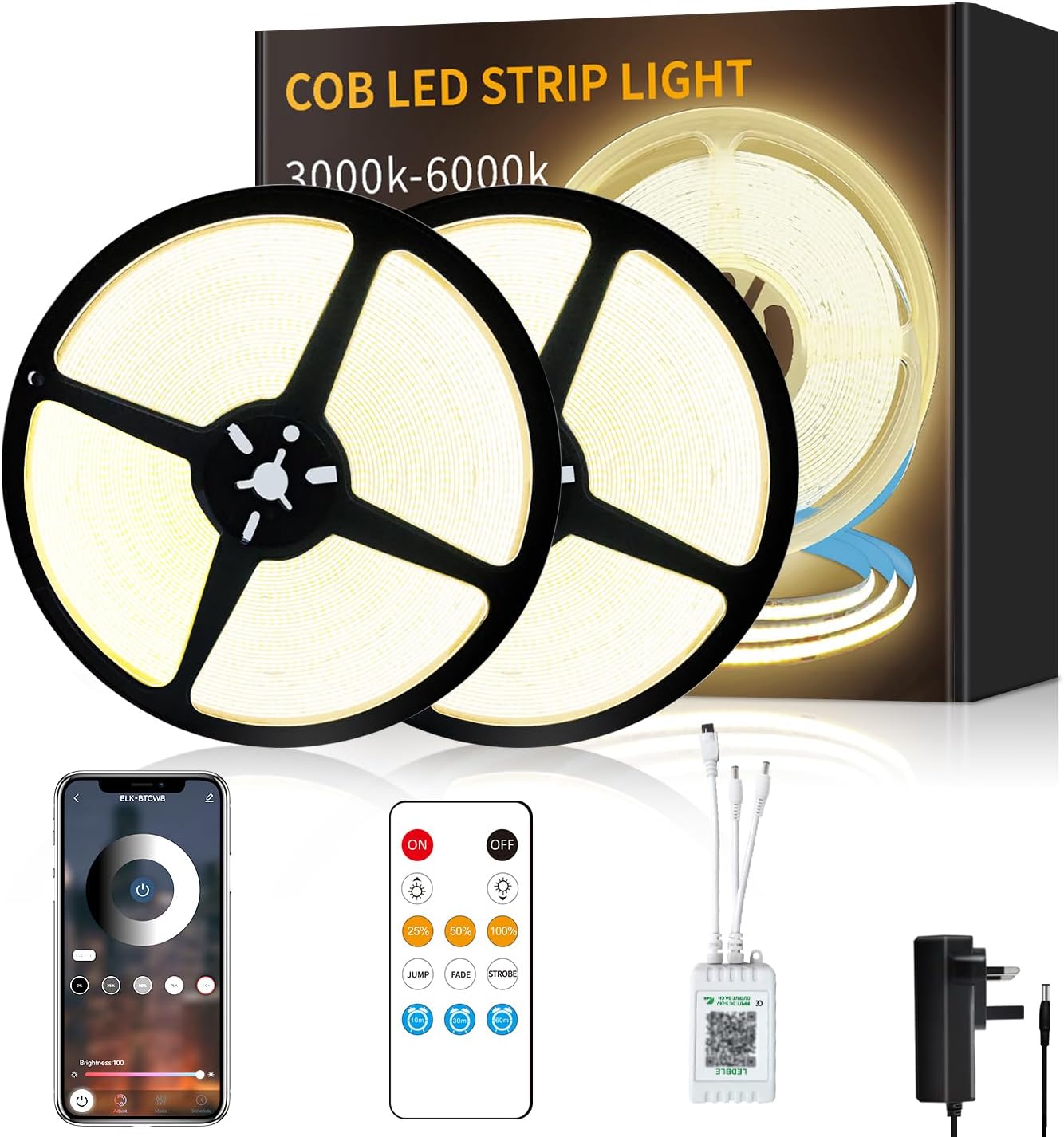 Yeewhale COB LED Strip Lights 3000K 30M 24V Dimmable Warm White LED ...