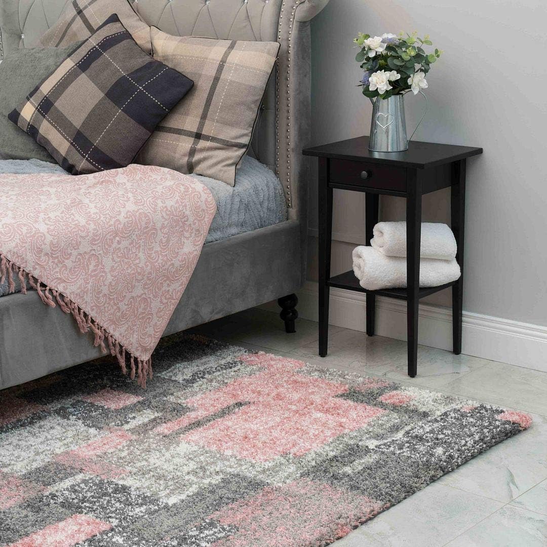 Blush Pink Square Pattern Shaggy Area Rug Grey Retro Thick Loung Living ...