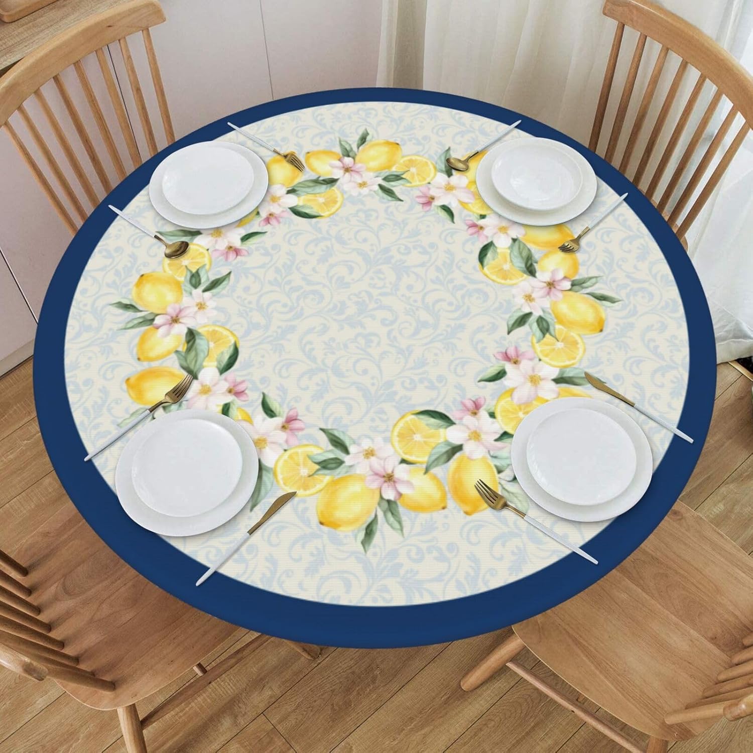 Amazon.com: KiuLoam Navy Blue Yellow Lemon Round Tablecloth Summer Pink ...