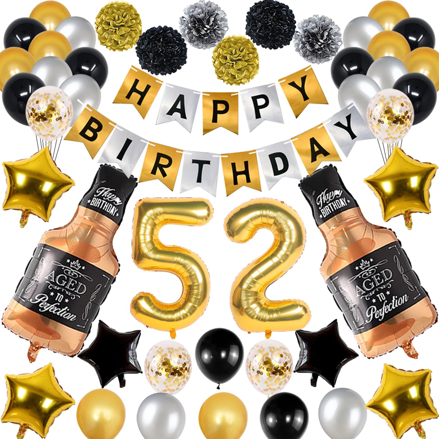 Amazon.com: NANINUNENO 52nd Gold Birthday Decorations, Gold Black ...