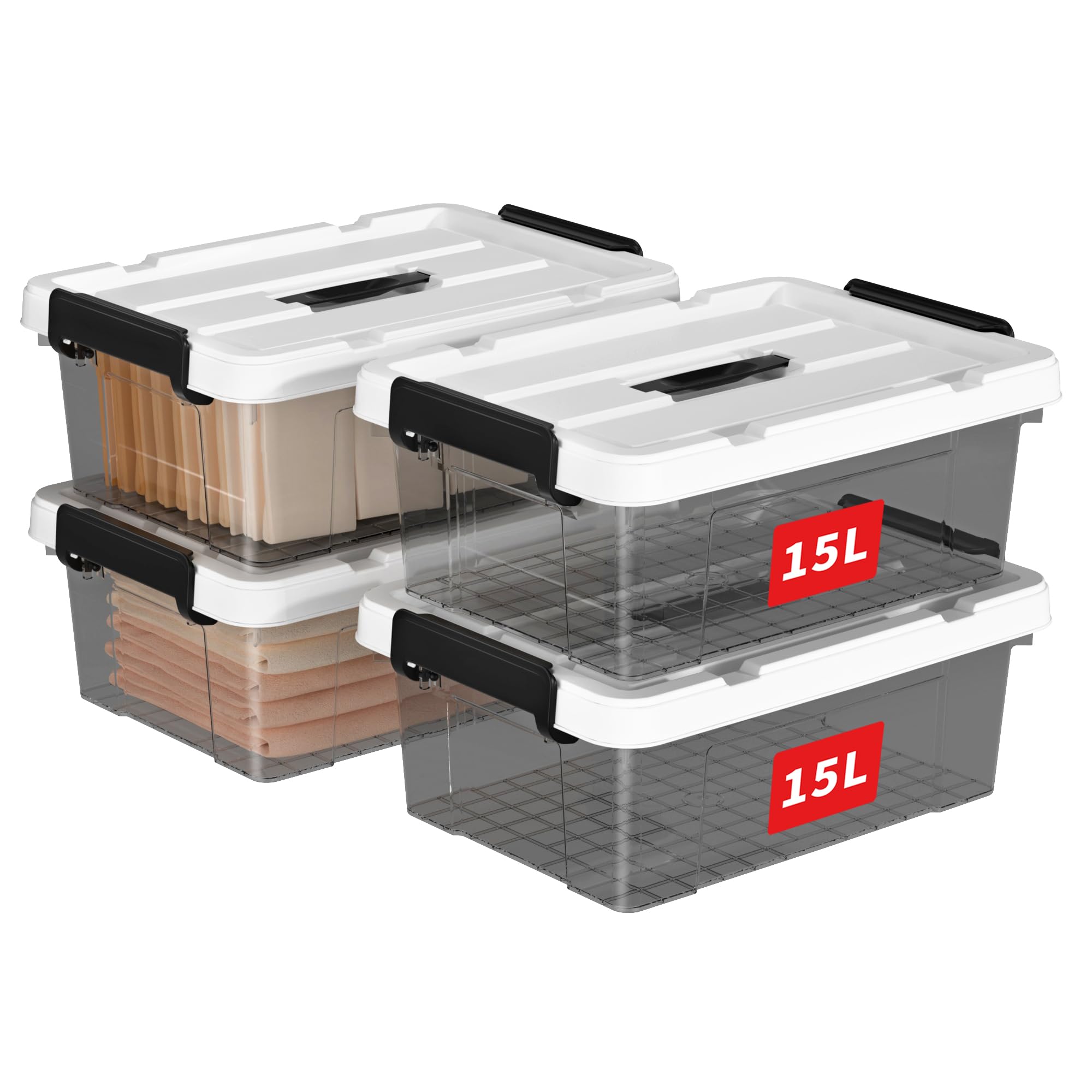 Cetomo 15L*4 Storage Boxes, Carry Plastic Storage Box with Lids, Organizing Container with ...