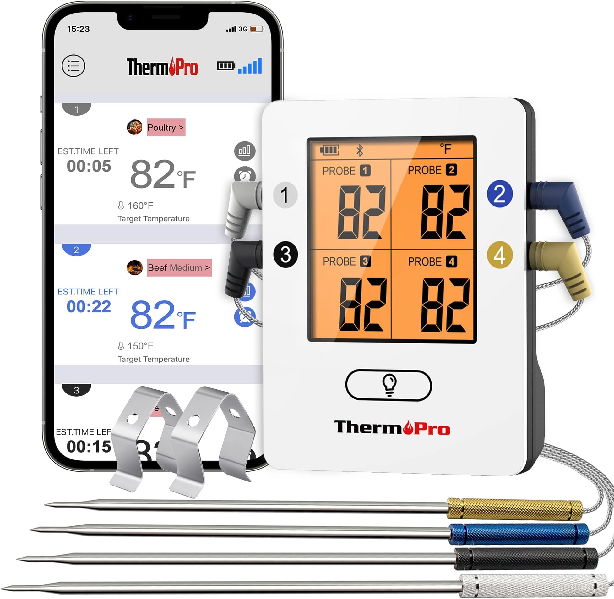 ThermoPro TP25 650FT Wireless Meat Thermometer with 4 Probes, Bluetooth ...