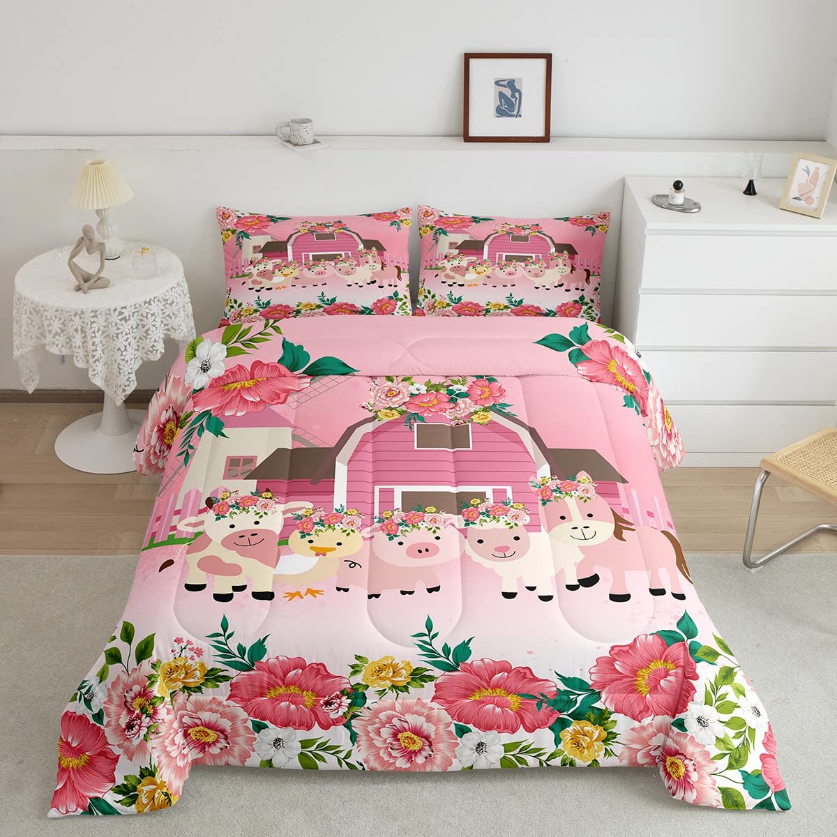 Amazon.com: Feelyou Pink Girls Happy Farm Theme Comforter Cartoon Cute ...