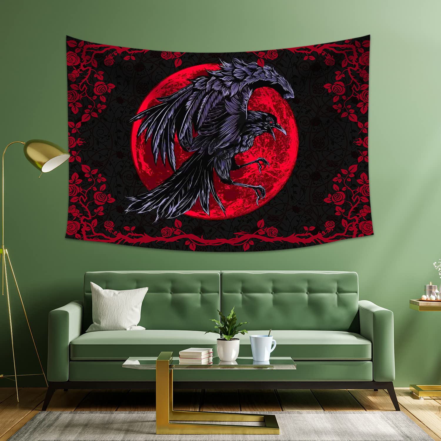 Amazon.com: Color Duty Crow Tapestry Wall Hanging 60x40 In Big Red Moon ...