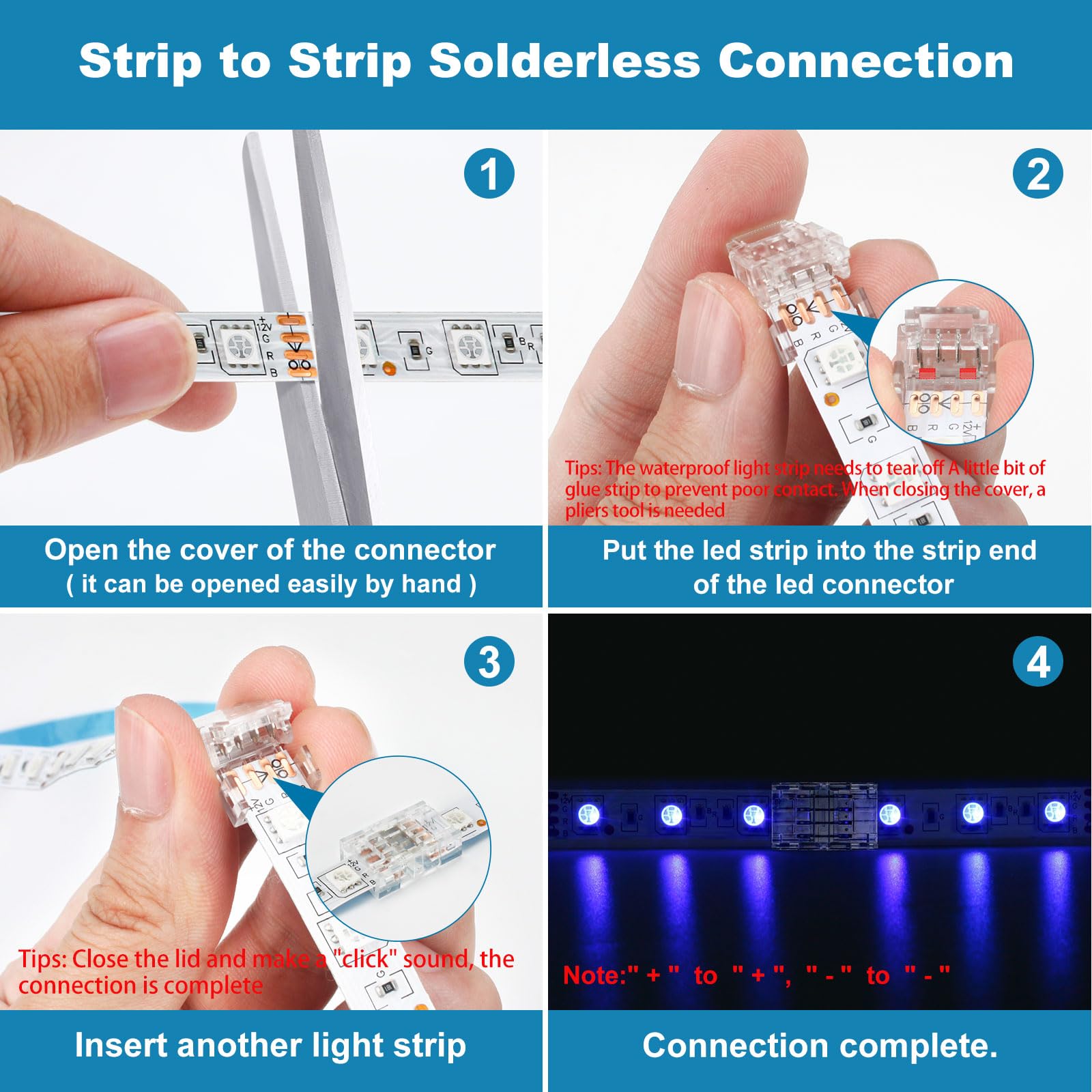 VIPMOON 20-Pack 4 Pin LED Strip Connectors for 10mm Waterproof or Non ...