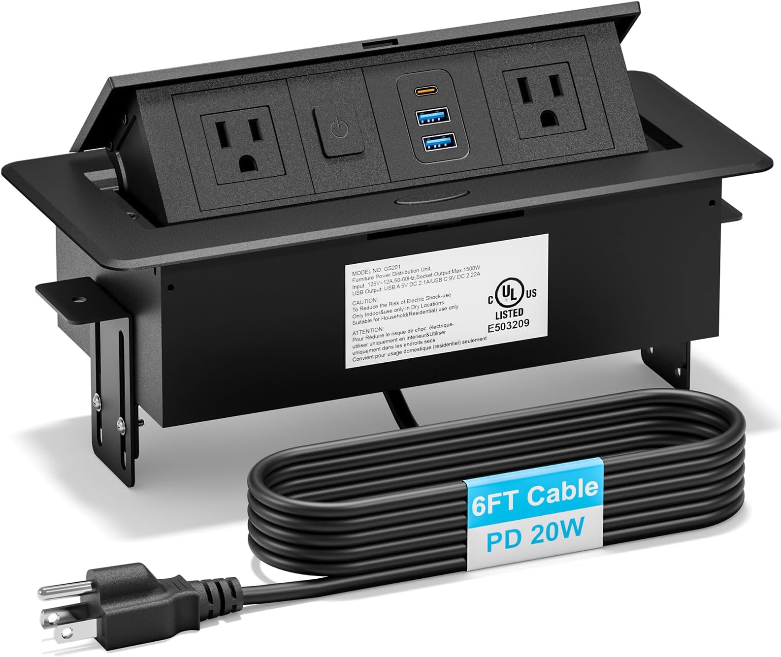 Amazon.com: Recessed Power Strip with 2 AC, 2 USB-A, USB-C Ports, Pop Up Power Outlet with PD ...