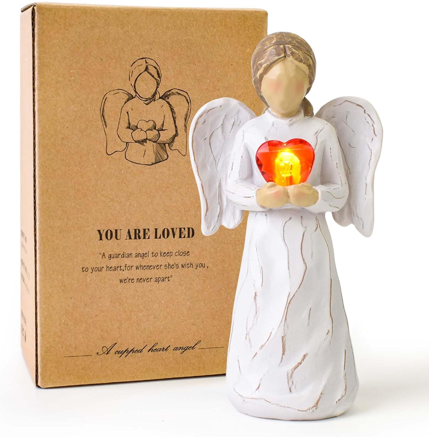 Guardian Angel Figurines with Red Heart Light, Hand-Painted Angel ...